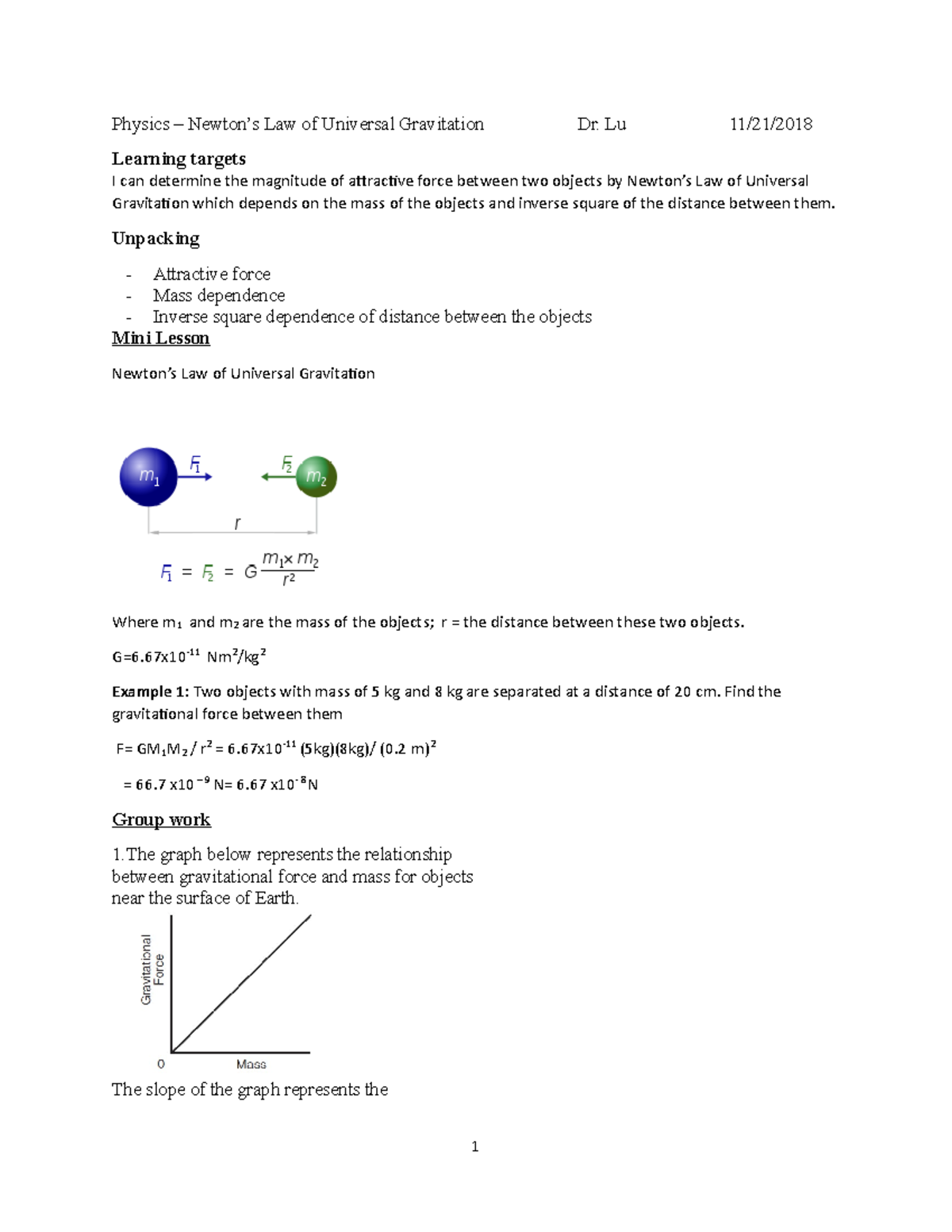 Worksheet for Newton Law of Universal Gravitation Nov - Physics ...