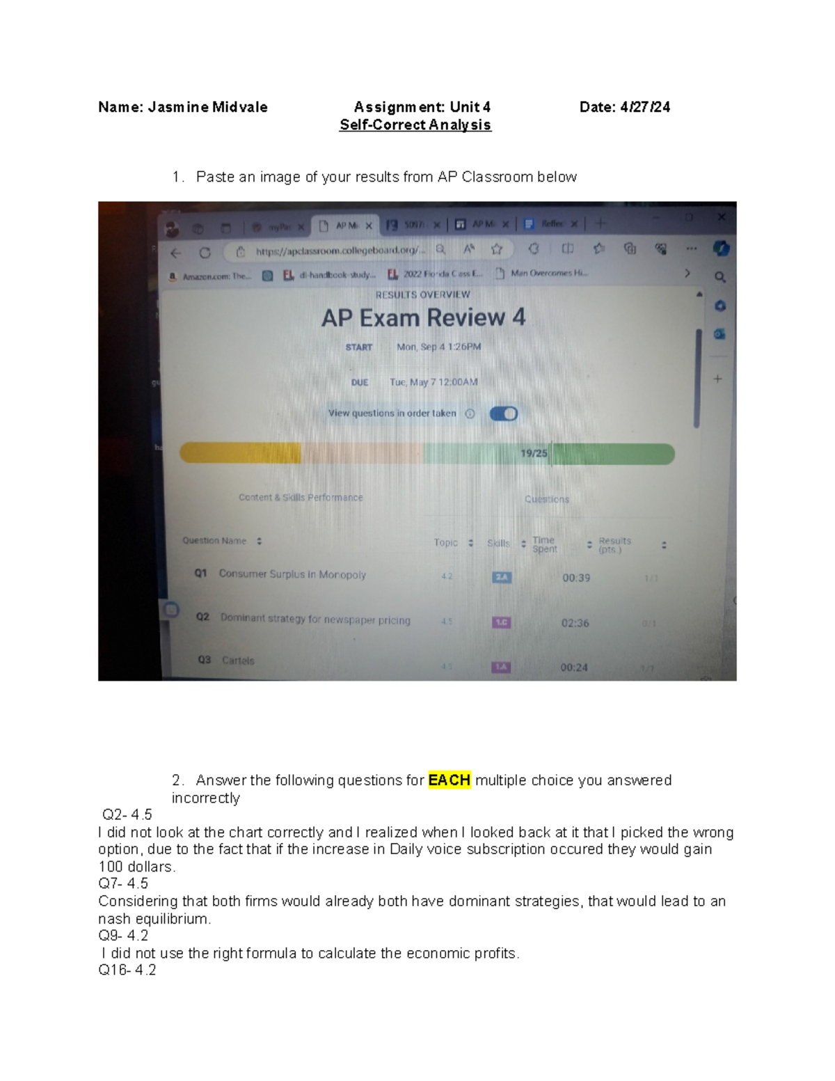 Unit 4 review - Name: Jasmine Midvale Assignment: Unit 4 Date: 4/27 ...