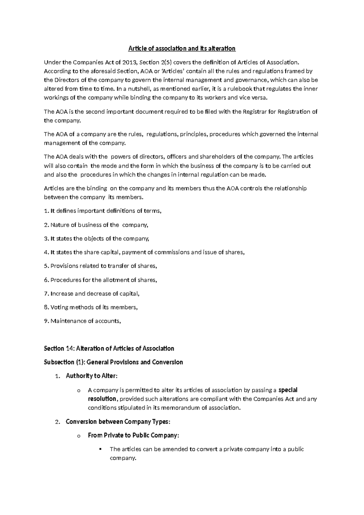 Article of association and its alteration - According to the aforesaid ...