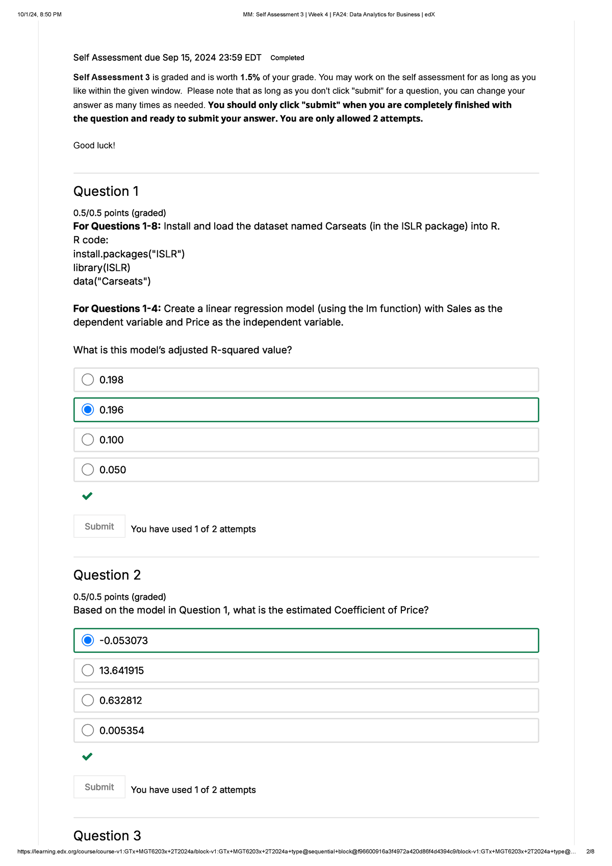 MM Self Assessment 3 Week 4 FA24 Data Analytics for Business ed X - Self Assessment due Sep 15 ...