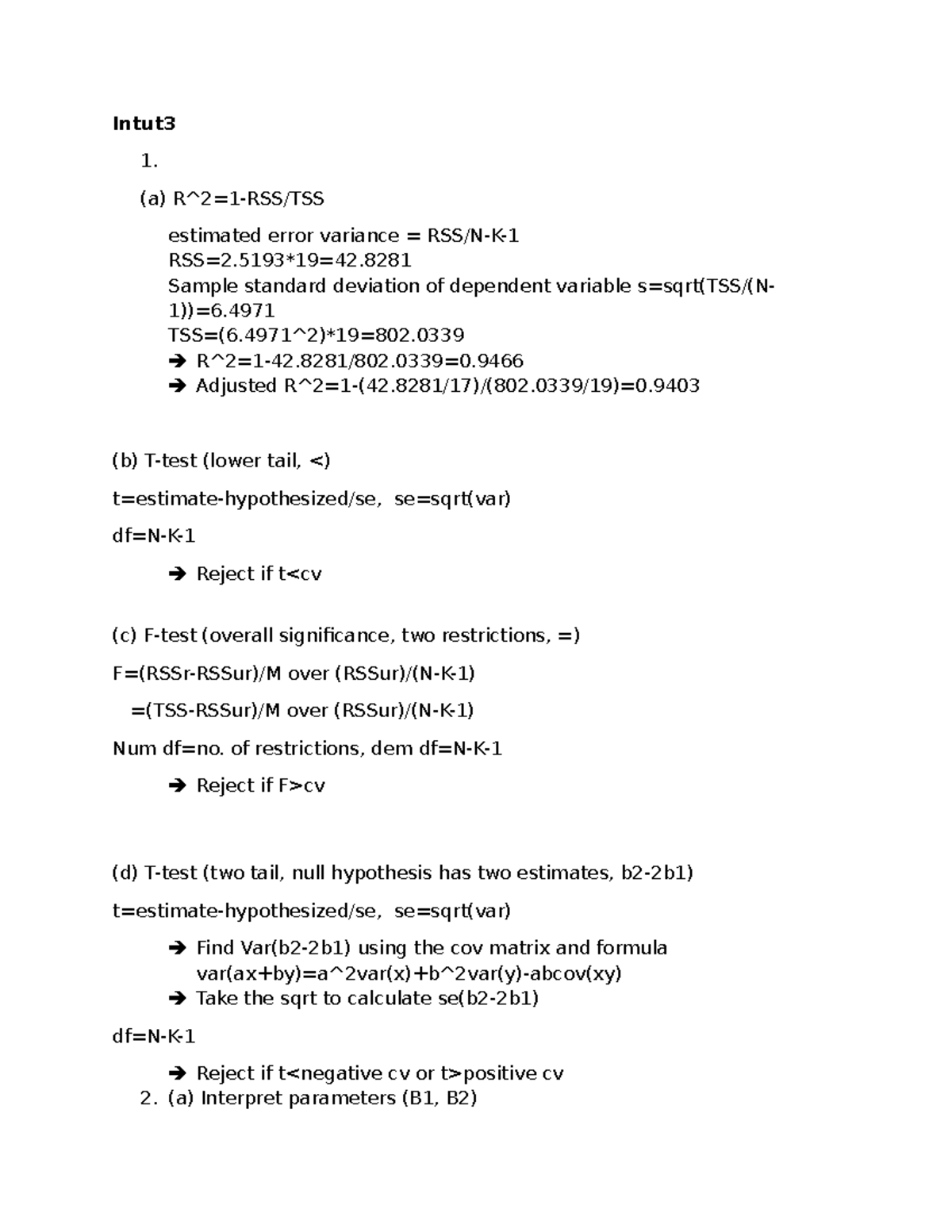 Intut 3 - Intut 1. (a) R^2=1-RSS/TSS estimated error variance = RSS/N-K ...