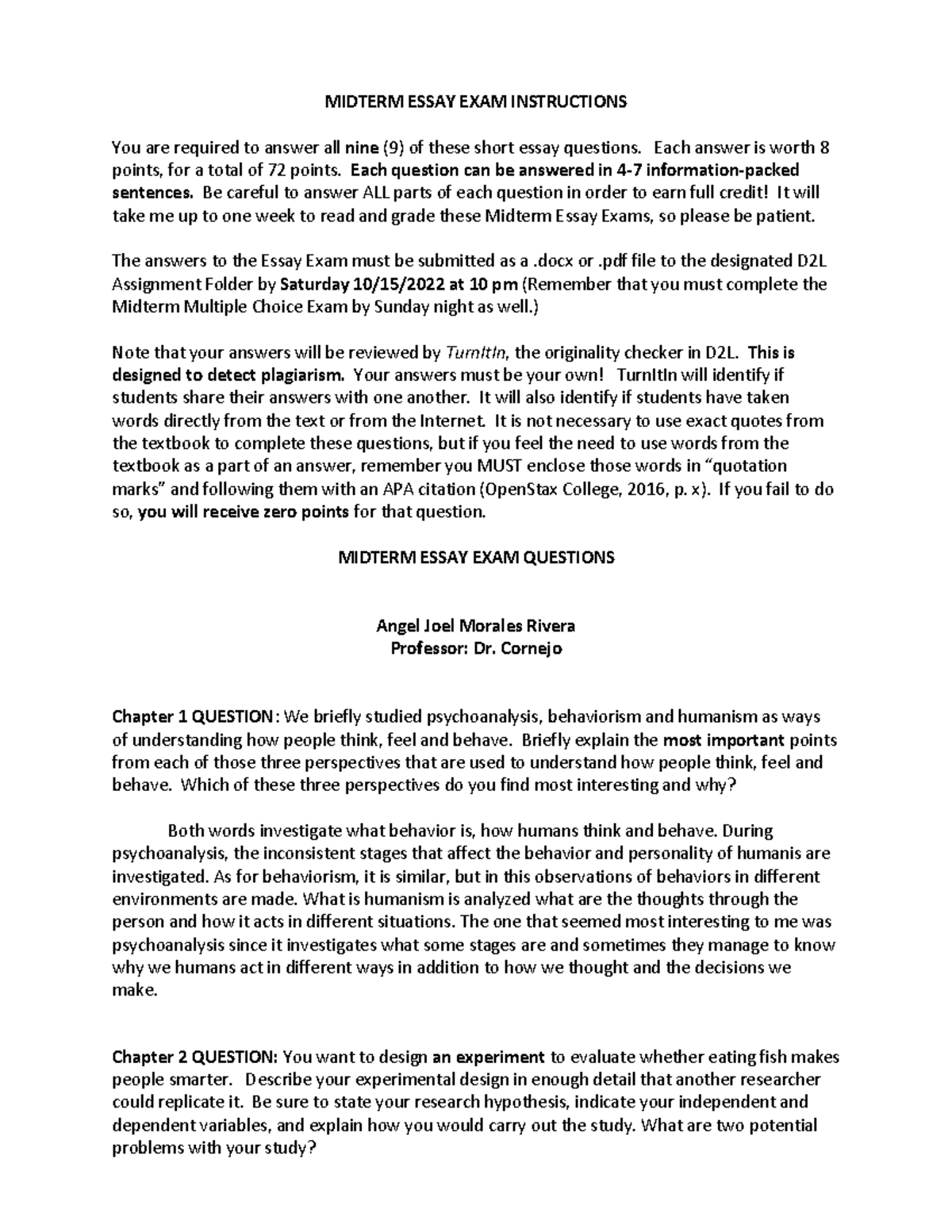 Midterm Essay EXAM 1 - MIDTERM ESSAY EXAM INSTRUCTIONS You are required ...