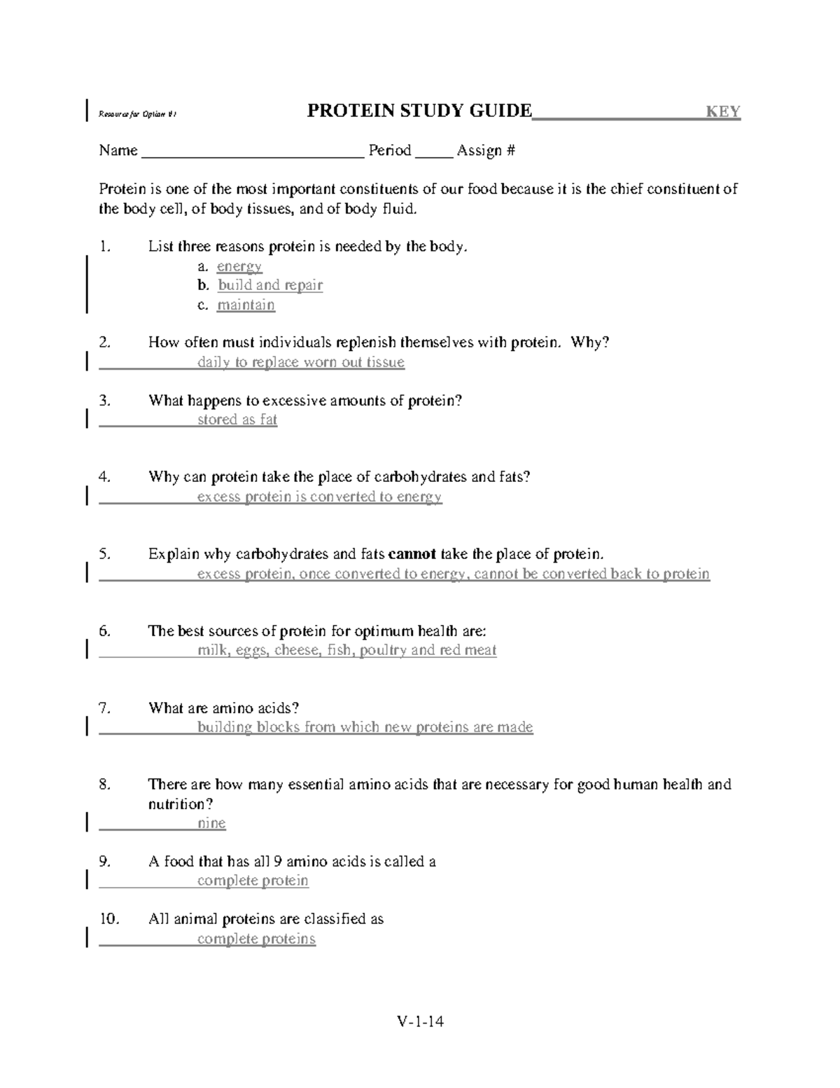 Protein study guide key - V-1- Resource for Option #1 PROTEIN STUDY ...
