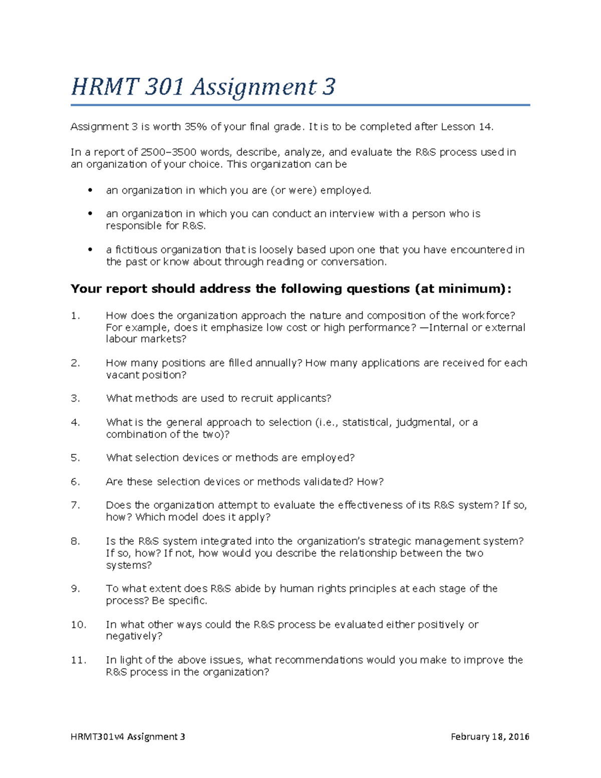 HRMT301 V4 Assignment 3 - HRMT 301 Assignment 3 Assignment 3 is worth ...