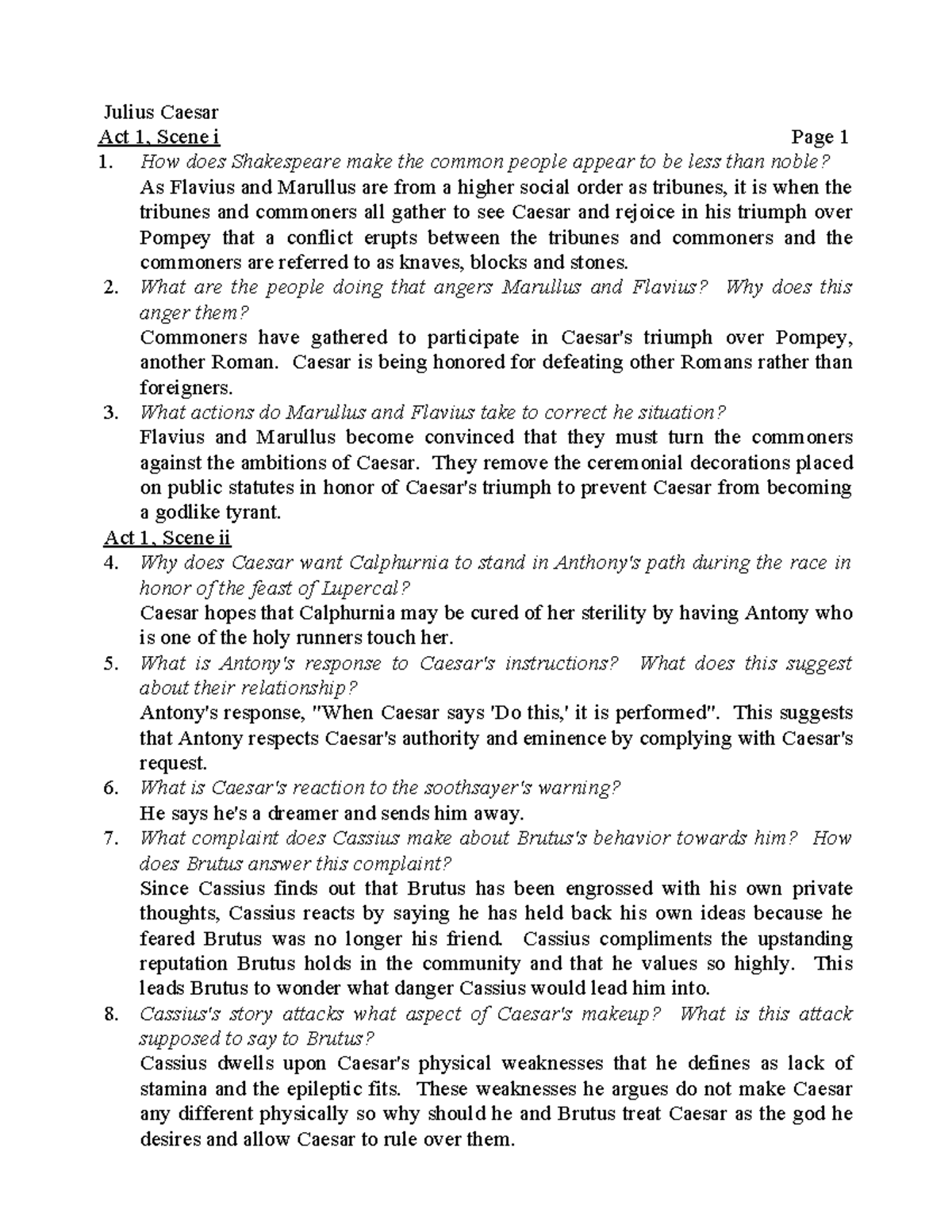 Study Questions w - Julius Caesar Act 1, Scene i Page 1 How does ...