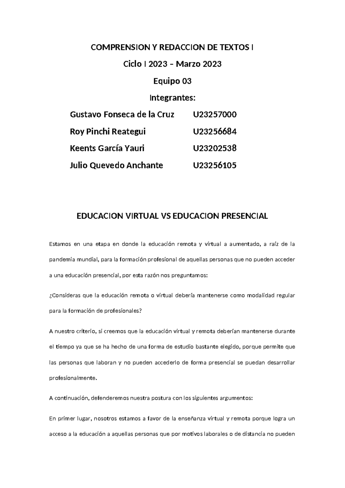 Redaccion Preliminar DEL Texto Argumentativo - COMPRENSION Y REDACCION DE TEXTOS I Ciclo I 2023 ...
