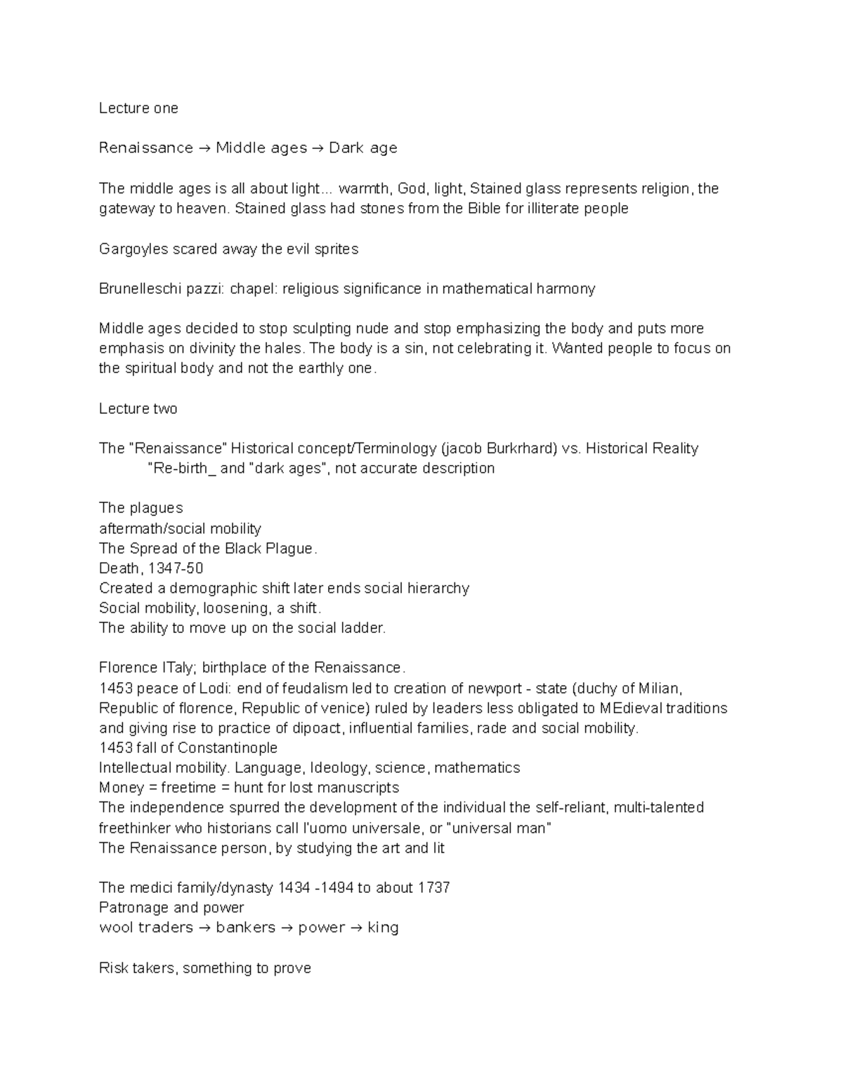 Renaisance Notes - The early renaissance. Florence Italy. - Lecture one ...