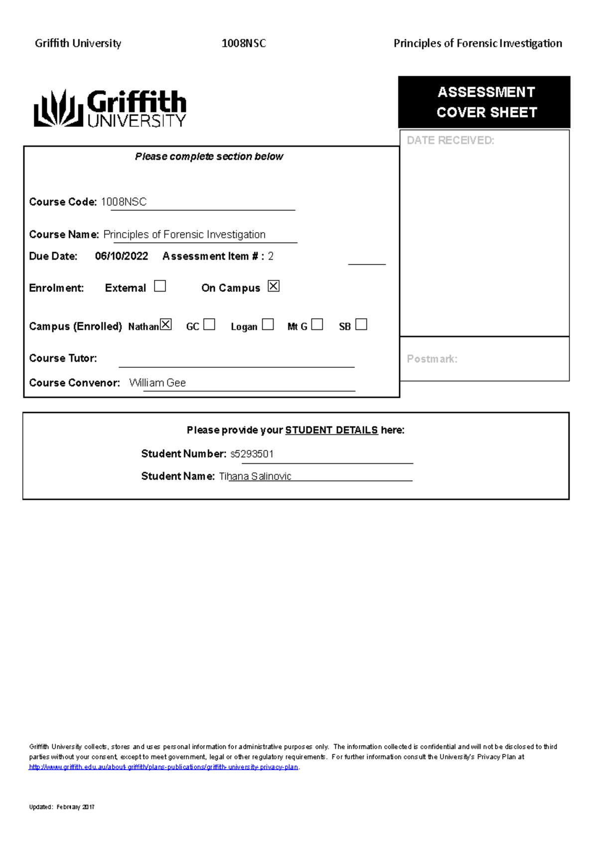 Forensic Biology Report Tihana - Griffith University 1008NSC Principles ...
