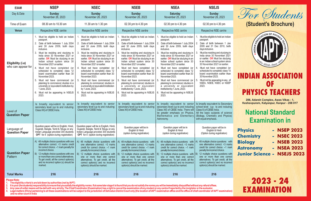 Student Brochure nse 2023 - EXAM Day & Date Time of Exam Venue ...