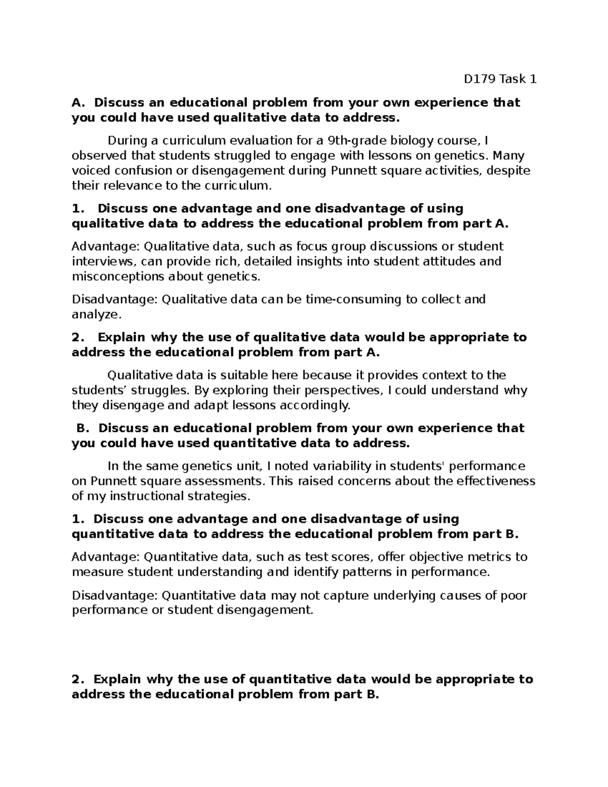 D179 Task 1 Task 1 D179 Task 1 A Discuss An Educational Problem From Your Own Experience