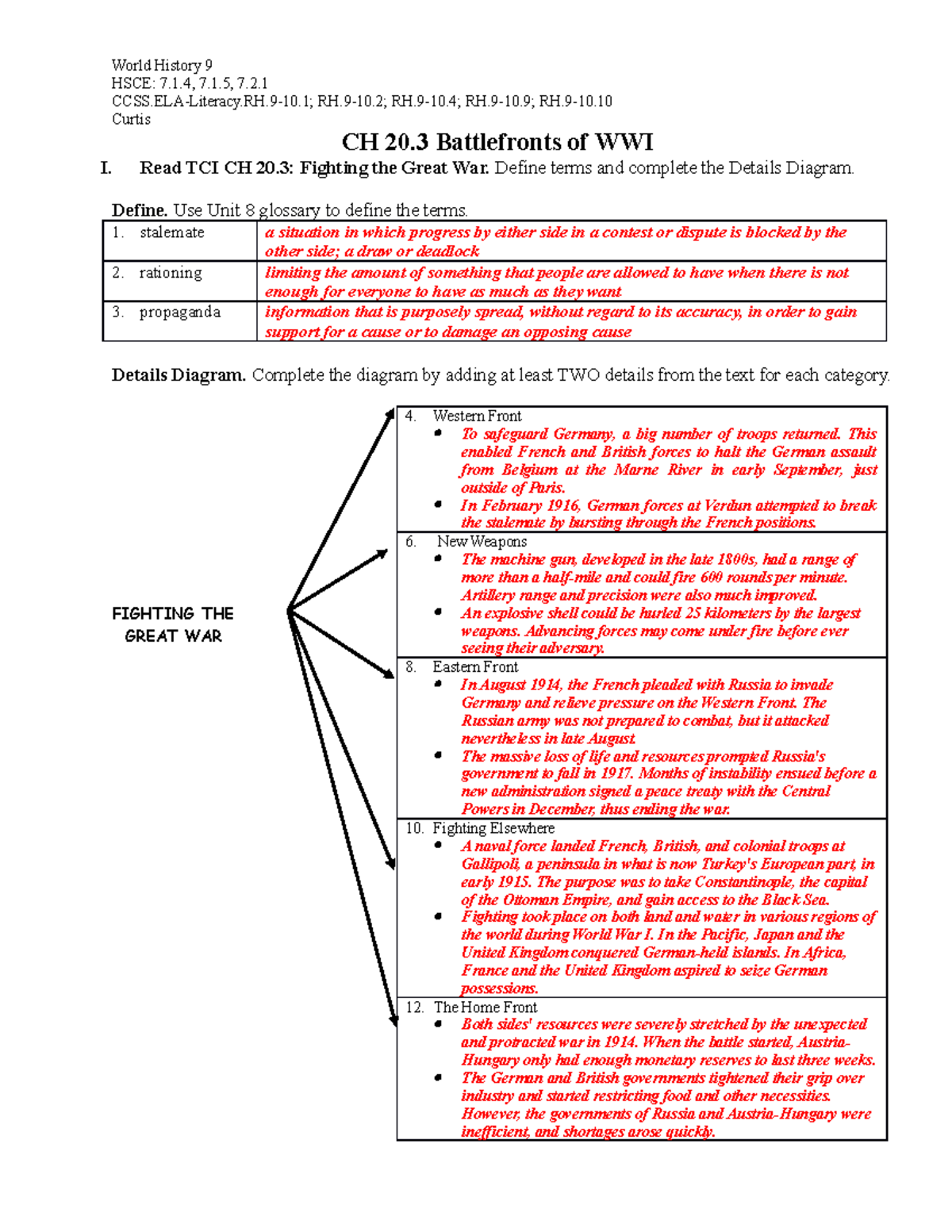 Battlefronts of WWI - wkst - World History 9 HSCE: 7.1, 7.1, 7. CCSS ...