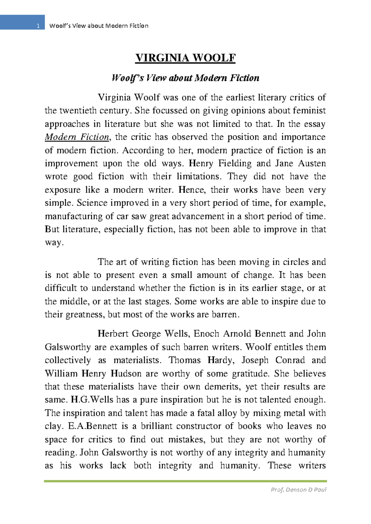 Modern Fiction - Woolf's Views - Prof. Denson D Paul 1 Woolf’s View ...