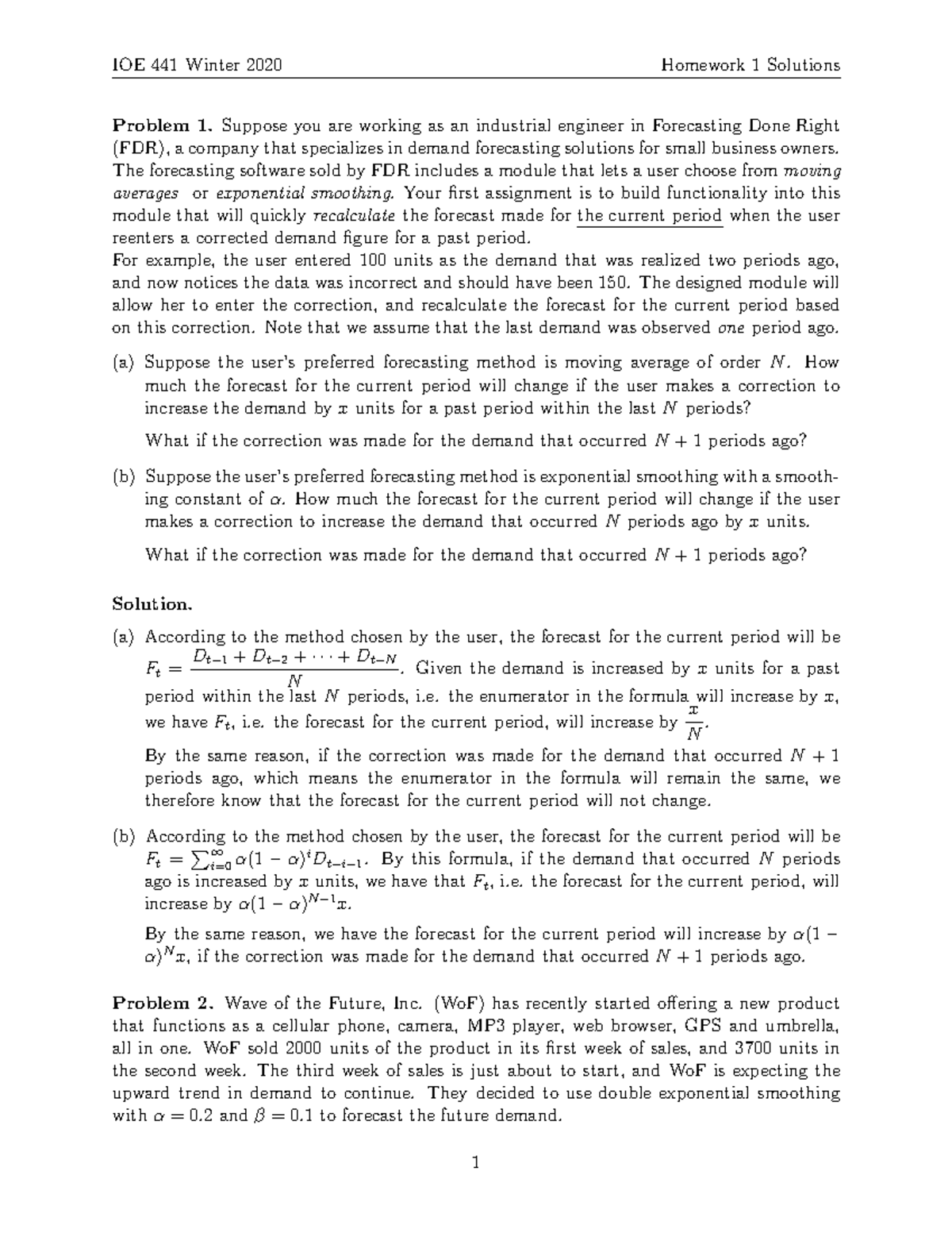 IOE441 WI2020 HW1 solutions - IOE 441 Winter 2020 Homework 1 Solutions Problem 1. Suppose you ...