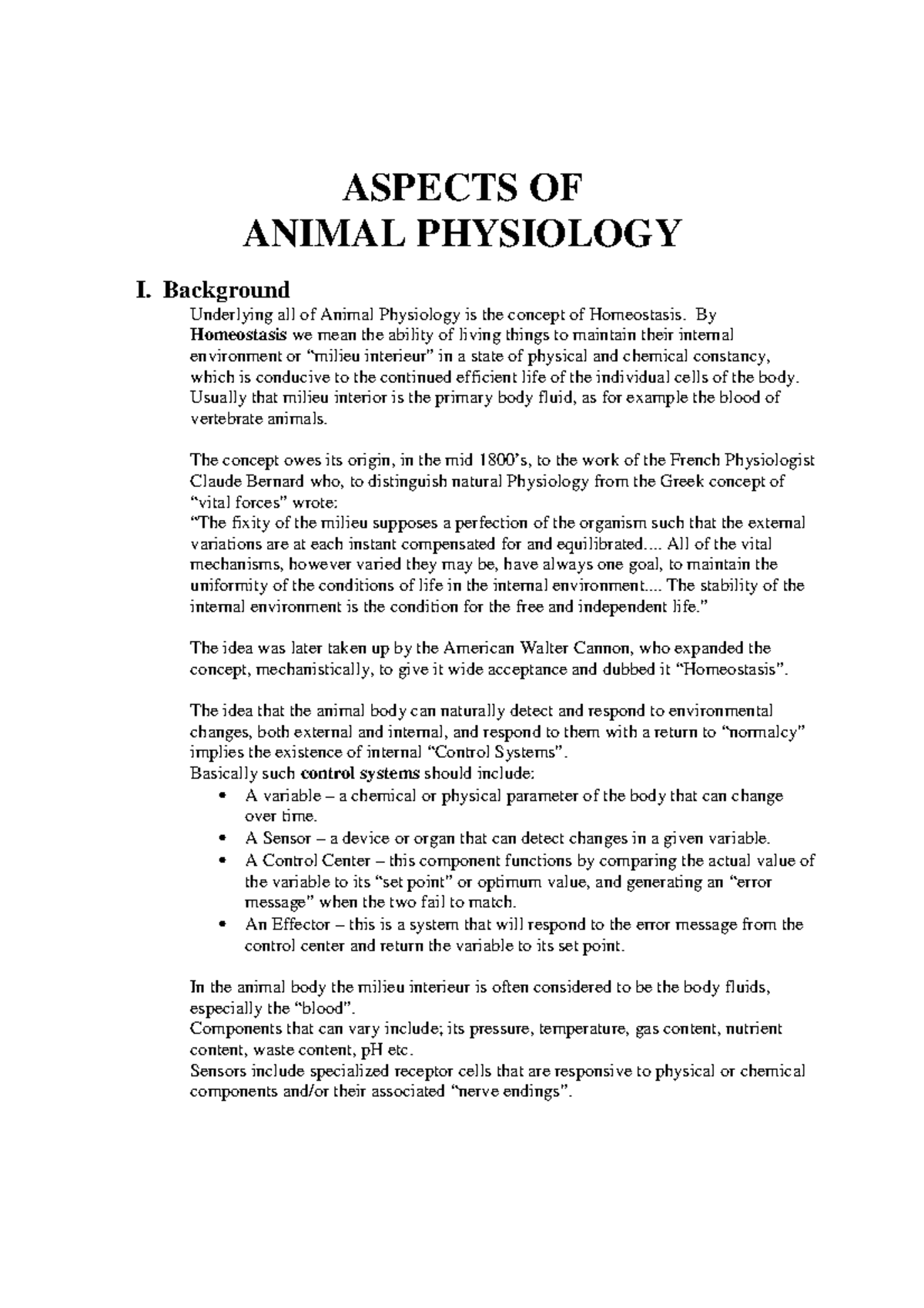 Animal Physiology - ASPECTS OF ANIMAL PHYSIOLOGY I. Background ...