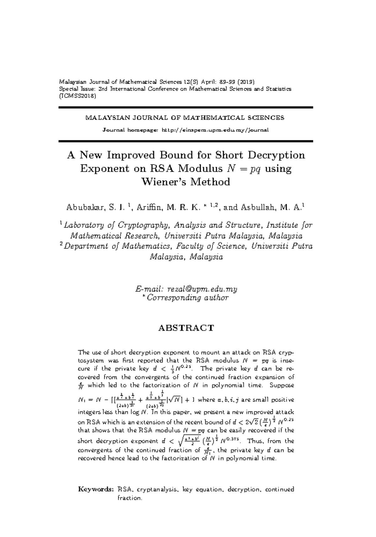 A New Improved Bound For Short Decryption Exponent On Rsa Modulus Npq Using Wieners Method