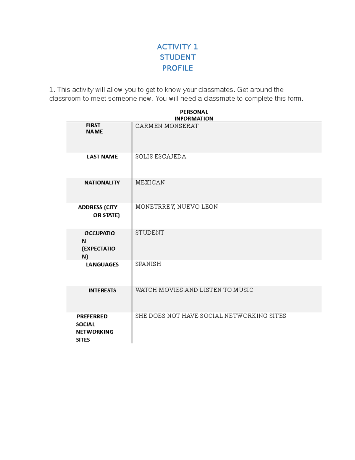 Activity 1 Ingles 2 - actividad 1 - ACTIVITY 1 STUDENT PROFILE This ...