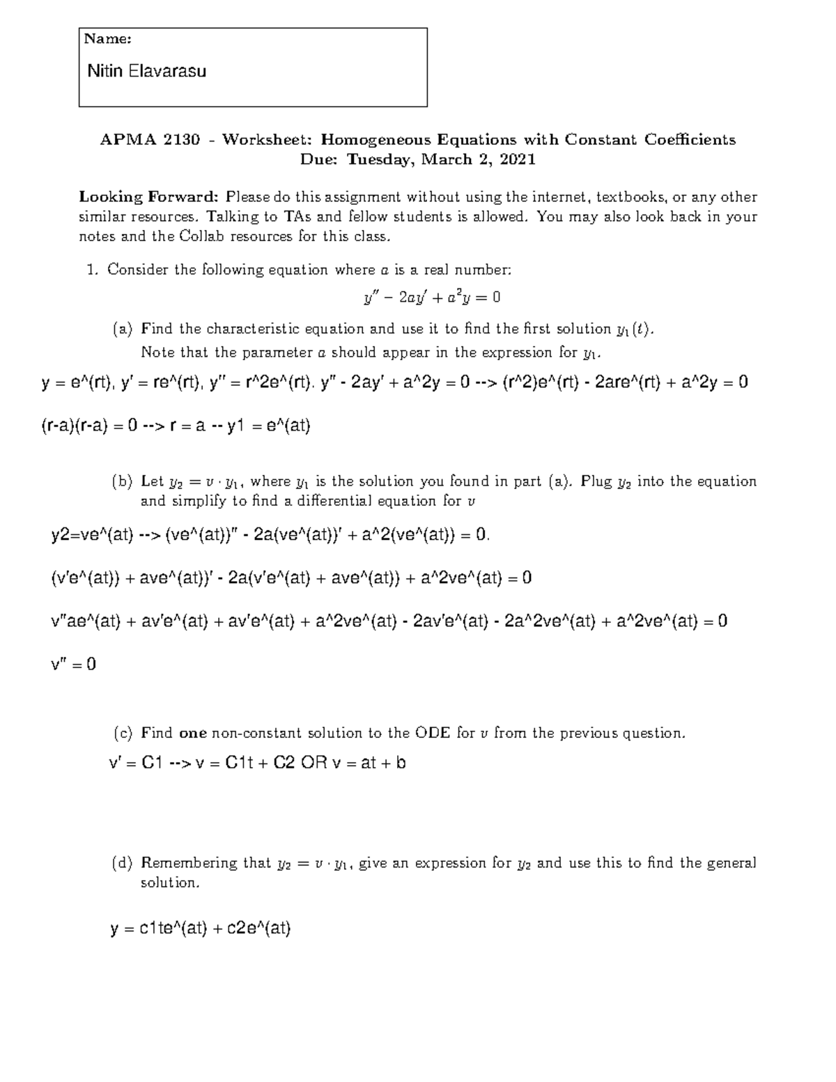 Due 3-2 Homog Eqs With Constant Coefficients pre class completed - Name ...
