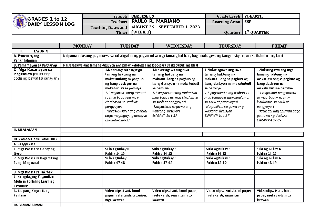 DLL ESP 6 Q1 W1 - dll - GRADES 1 to 12 DAILY LESSON LOG School: BERTESE ...