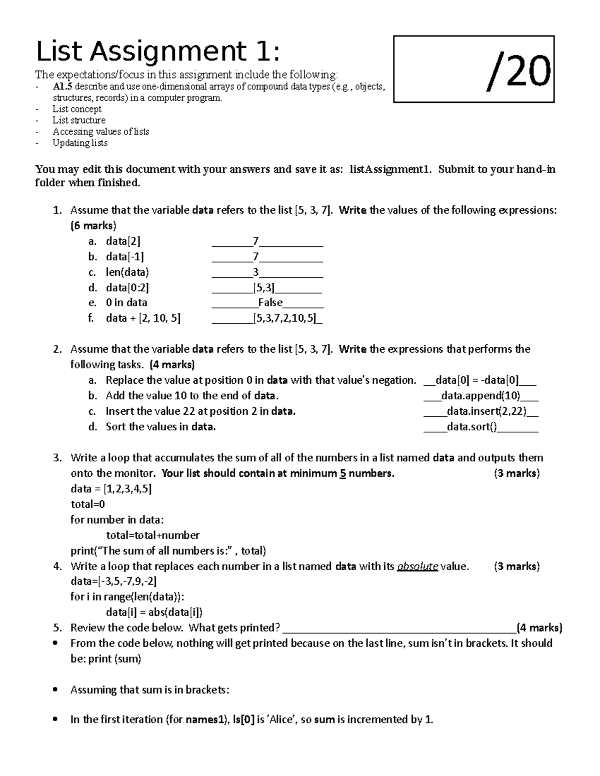 List assignment 1 - List Assignment 1: The expectations/focus in this assignment include the ...