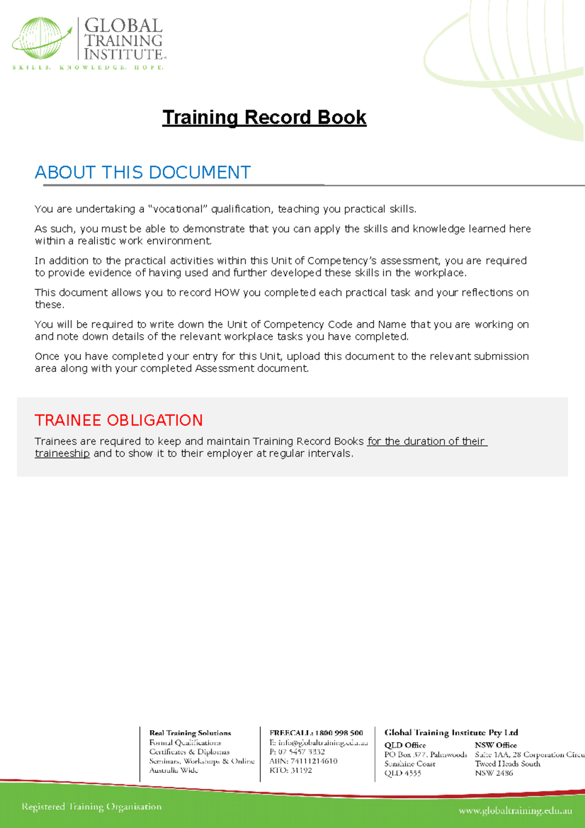 Training Record Book ( Trainees ONLY) - Training Record Book ABOUT THIS ...