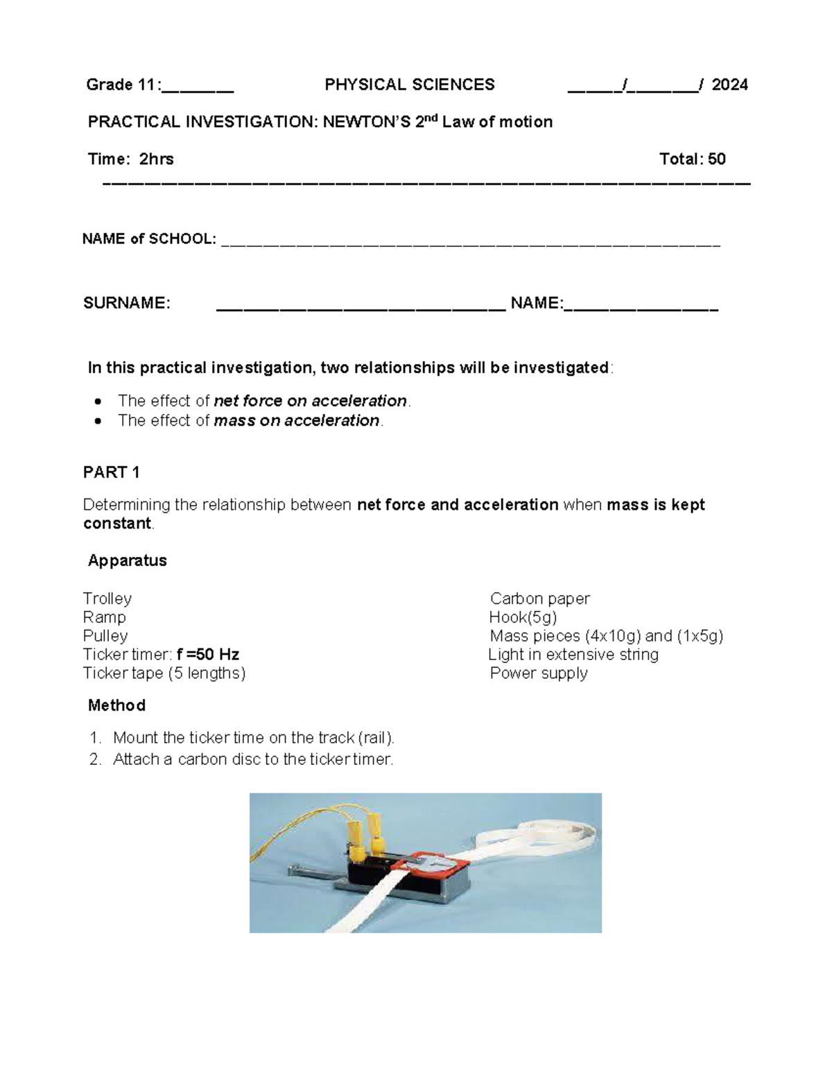 F INAL Gr 11 Exp 1 Newton 2nd Law 2024 - Grade 11:________ PHYSICAL ...