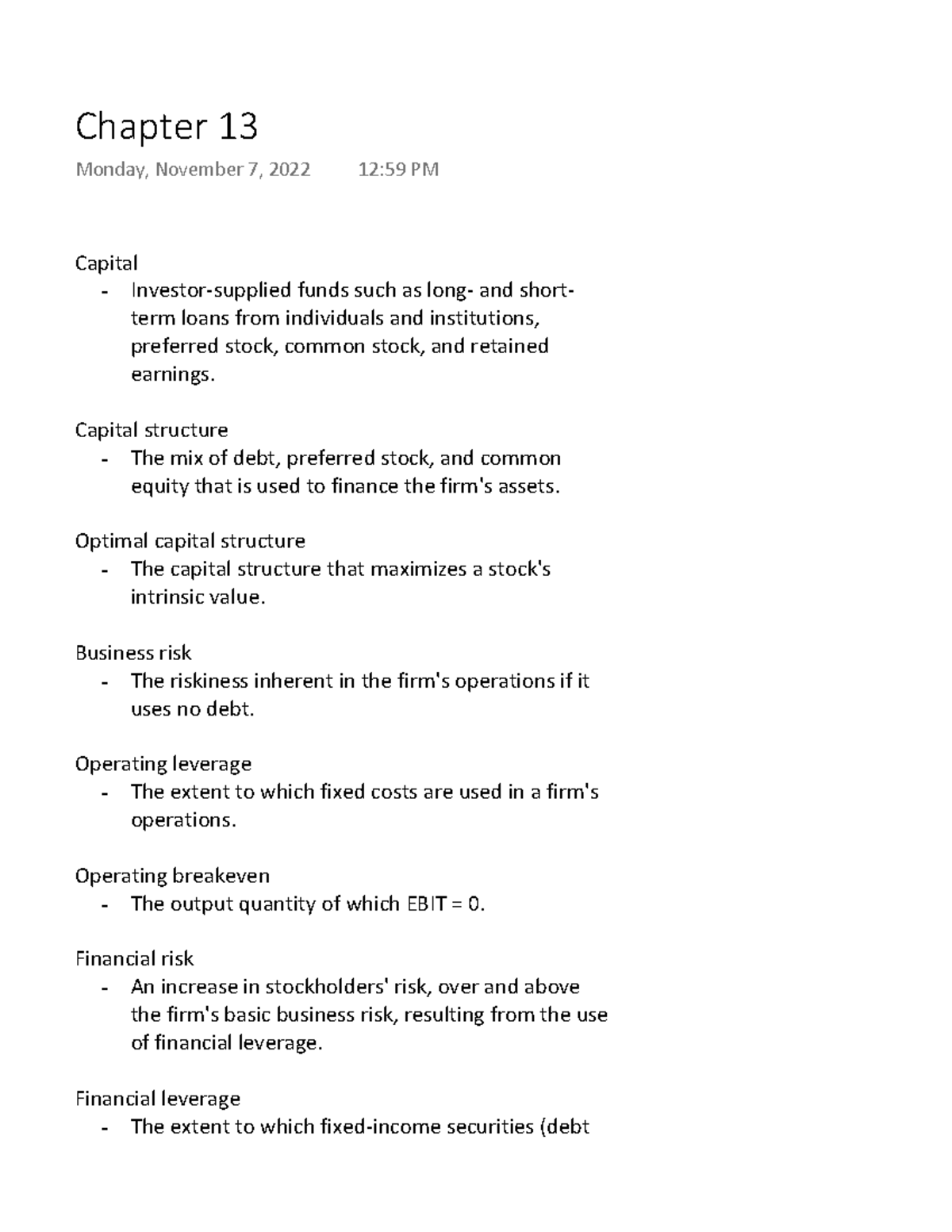 Chapter 13 - Capital, Leverage, Operating Costs, Leverage, Unlevered Beta, Asymmetric vs ...