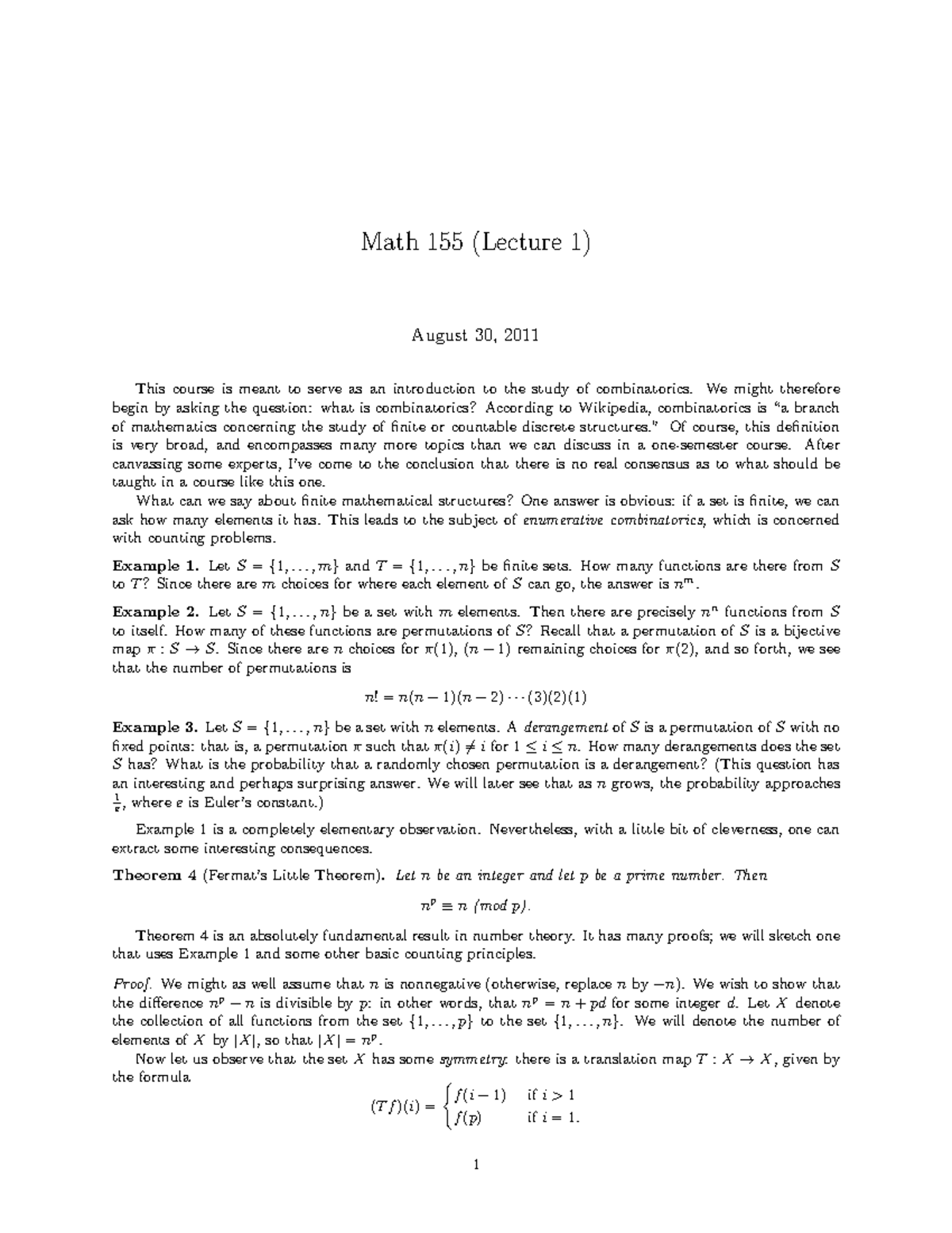 Lecture notes, lectures 1, 3 - 5 - Math 155 (Lecture 1) August 30, 2011 ...