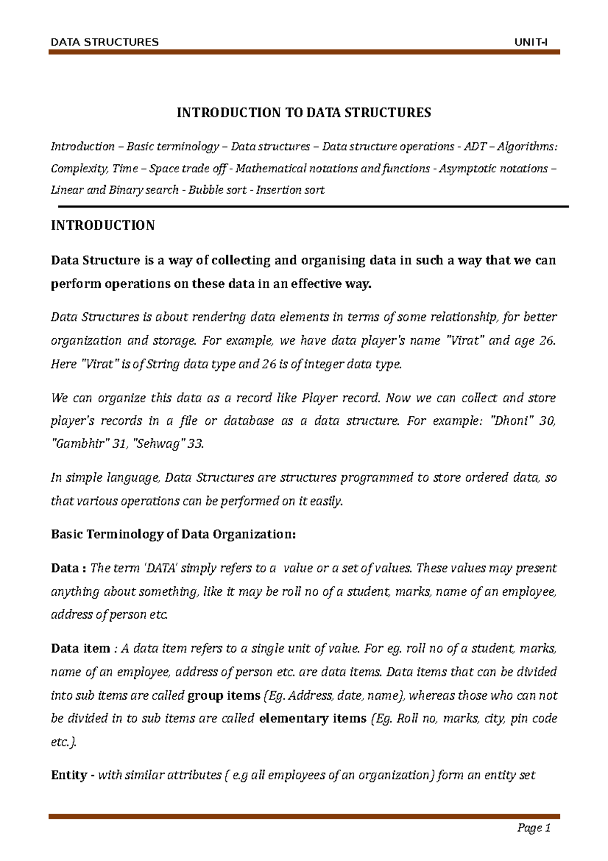 Classification Of Data Structure Data Structuresunit I Page 1 Introduction To Data Structures