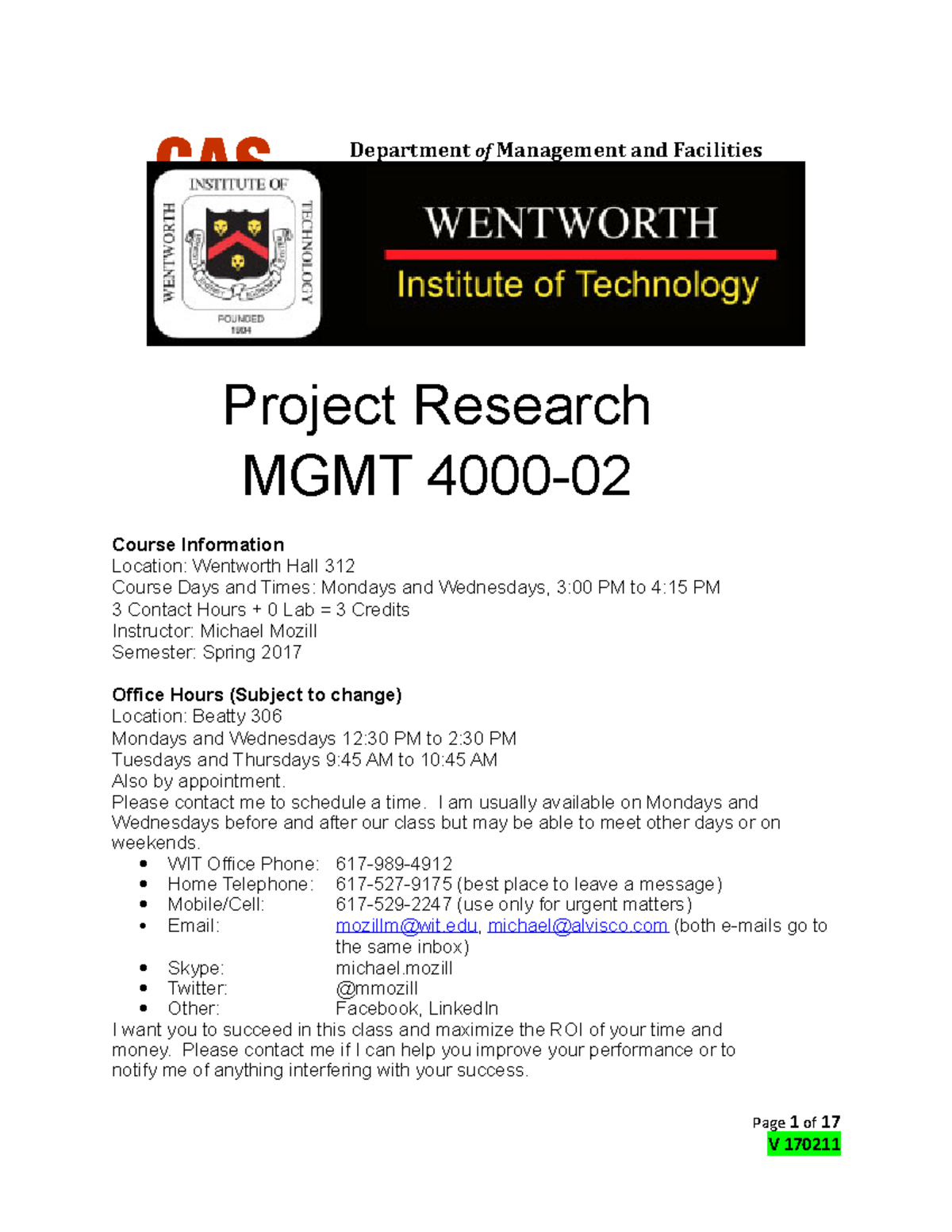 MGMT 4000-02 - Project Research - Syllabus - Spring 2017 - 170211 ...