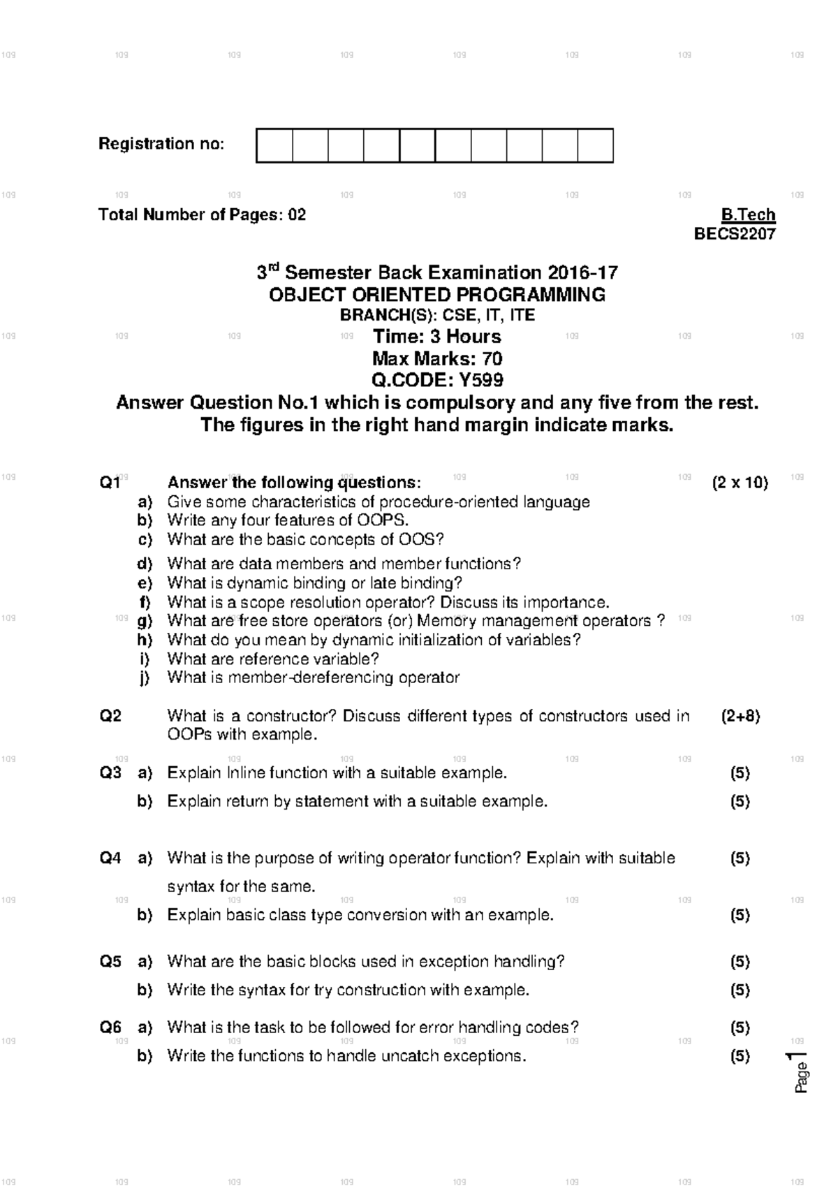 Object Oriented Programming Registration No Total Number Of Pages Q1answer Question No Which