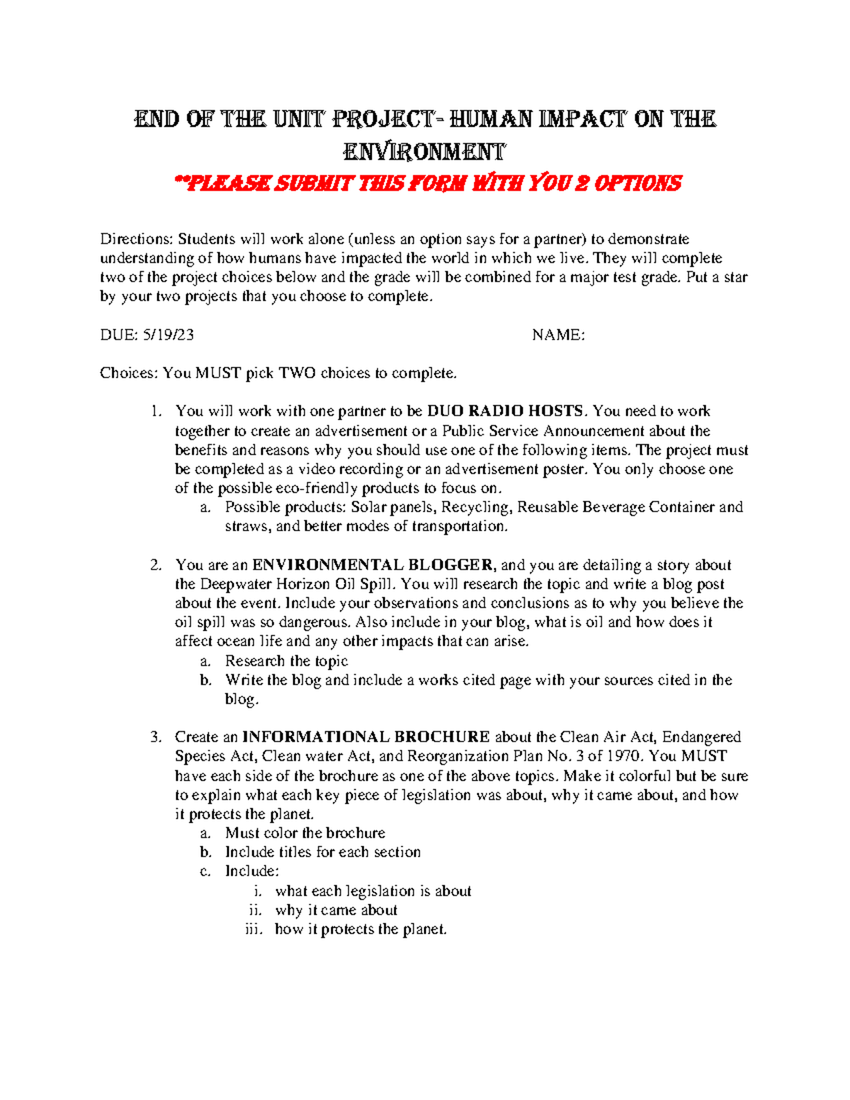 Human Impactonthe Environment Project - End of the unit project- Human ...