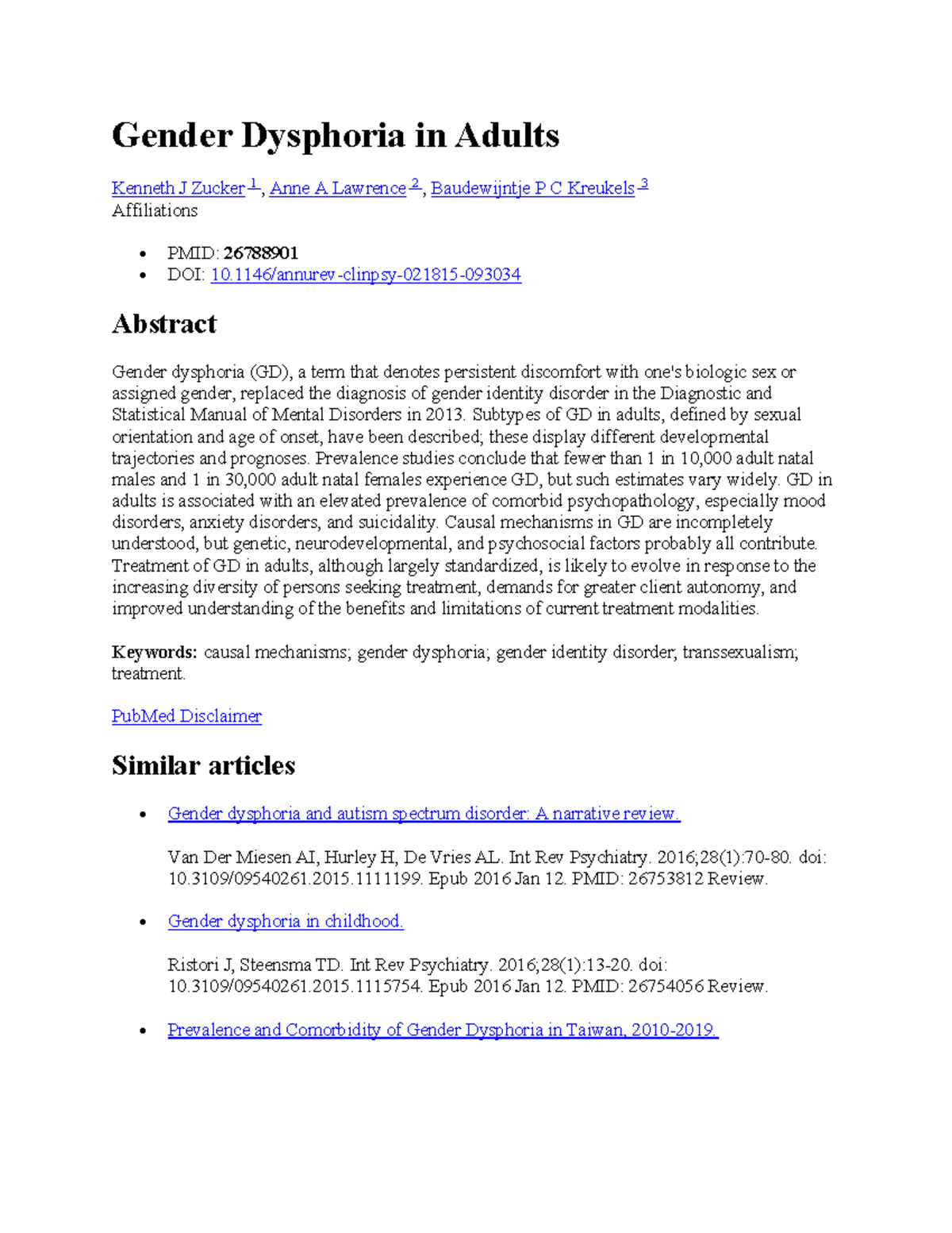 Gender Dysphoria in Adults - Gender Dysphoria in Adults Kenneth J ...