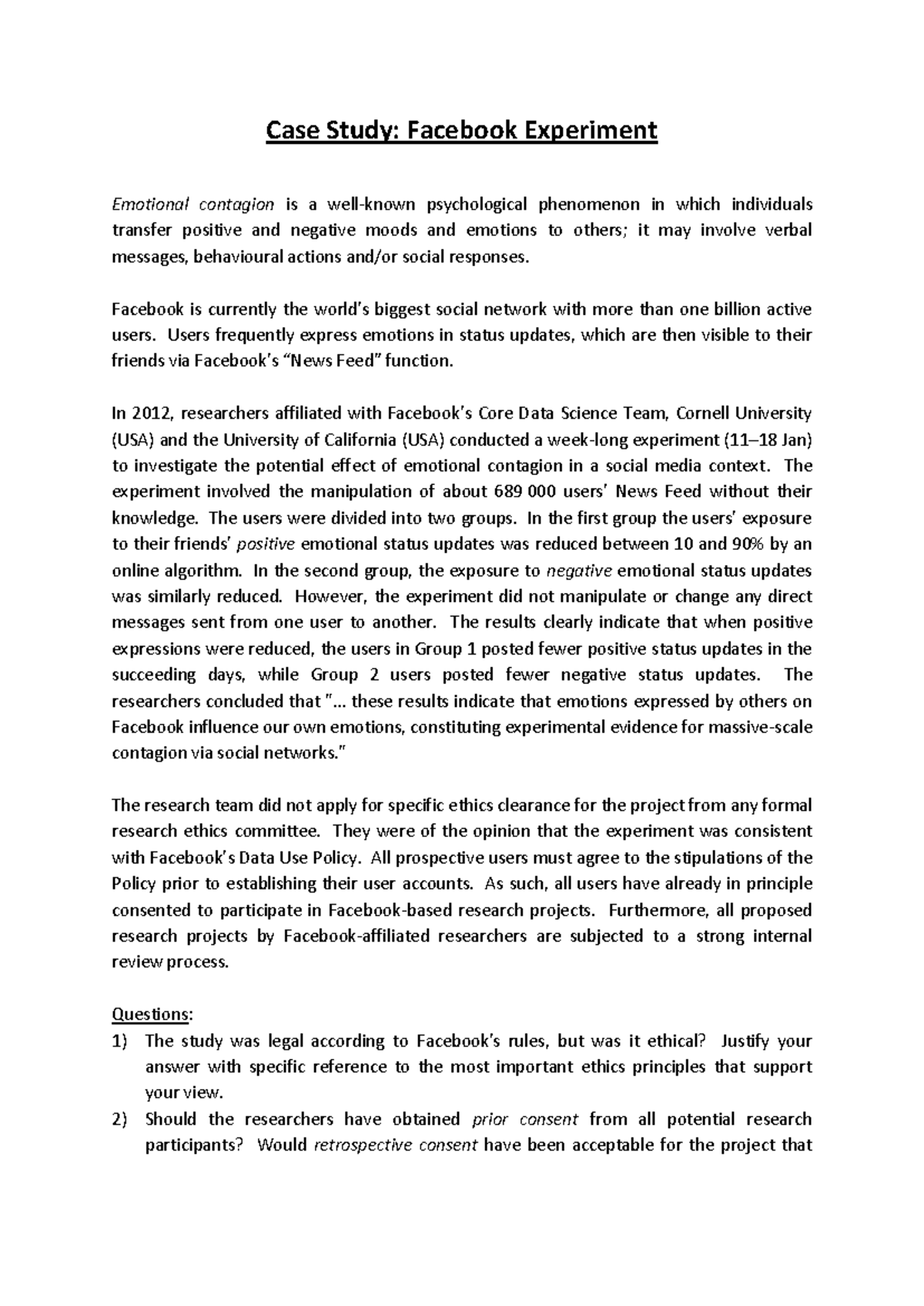 Ethics - Case Study 2 - Facebook Experiment - Case Study: Facebook ...