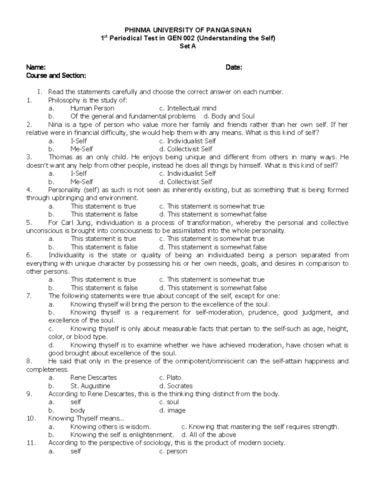 Understanding THE SELF Examination - PHINMA UNIVERSITY OF PANGASINAN 1 ...