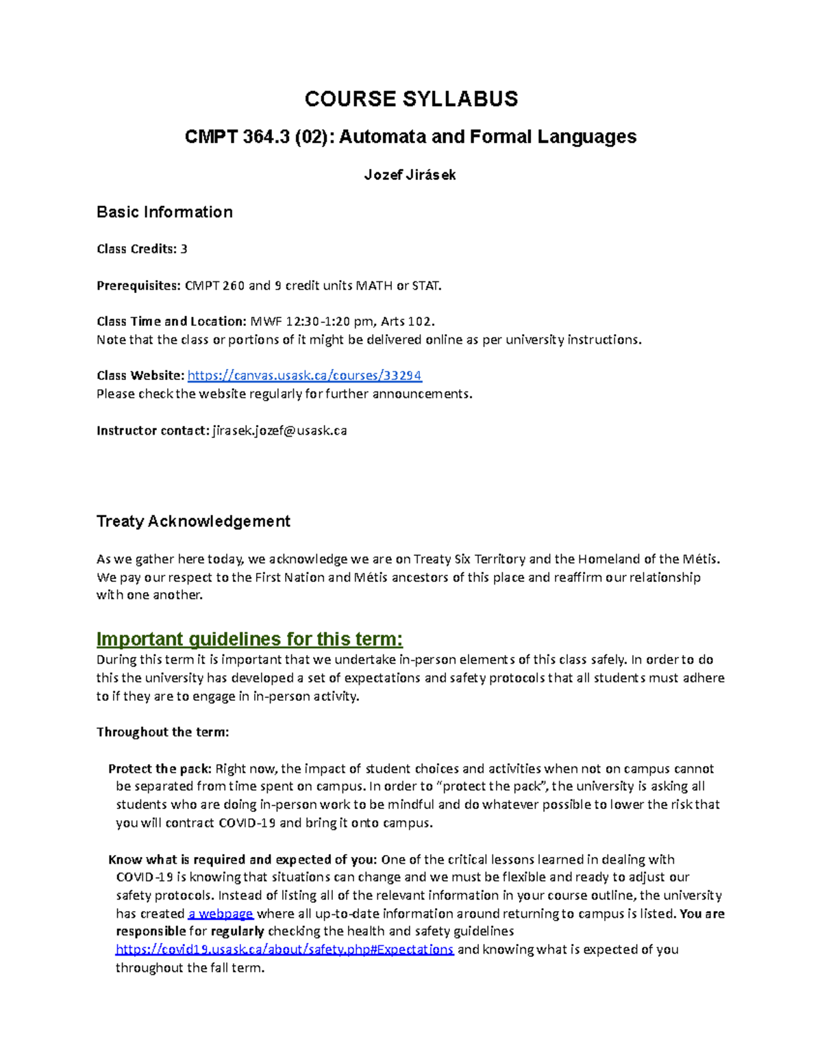 CMPT 364 Syllabus - Winter 2022 - COURSE SYLLABUS CMPT 364 (02): Automata and Formal Languages ...