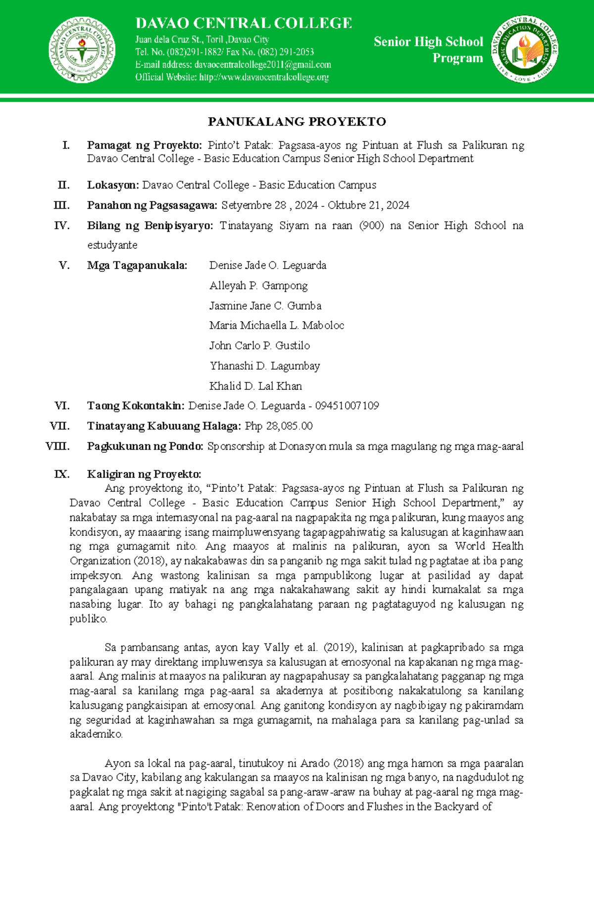project proposal - * PANUKALANG PROYEKTO I. Pamagat ng Proyekto: Pinto ...