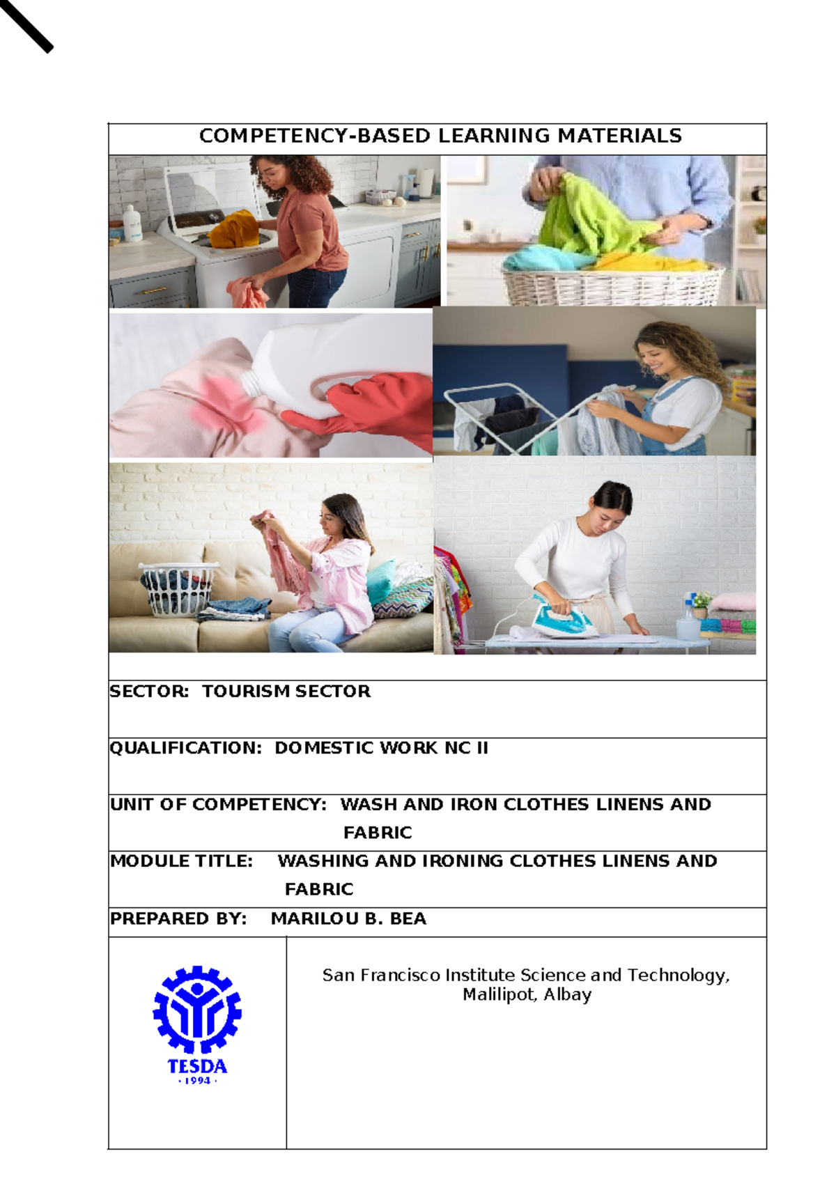 BEA CBLM (final) - CBLM IN DOMESTIC WORKS - COMPETENCY-BASED LEARNING MATERIALS SECTOR: TOURISM ...