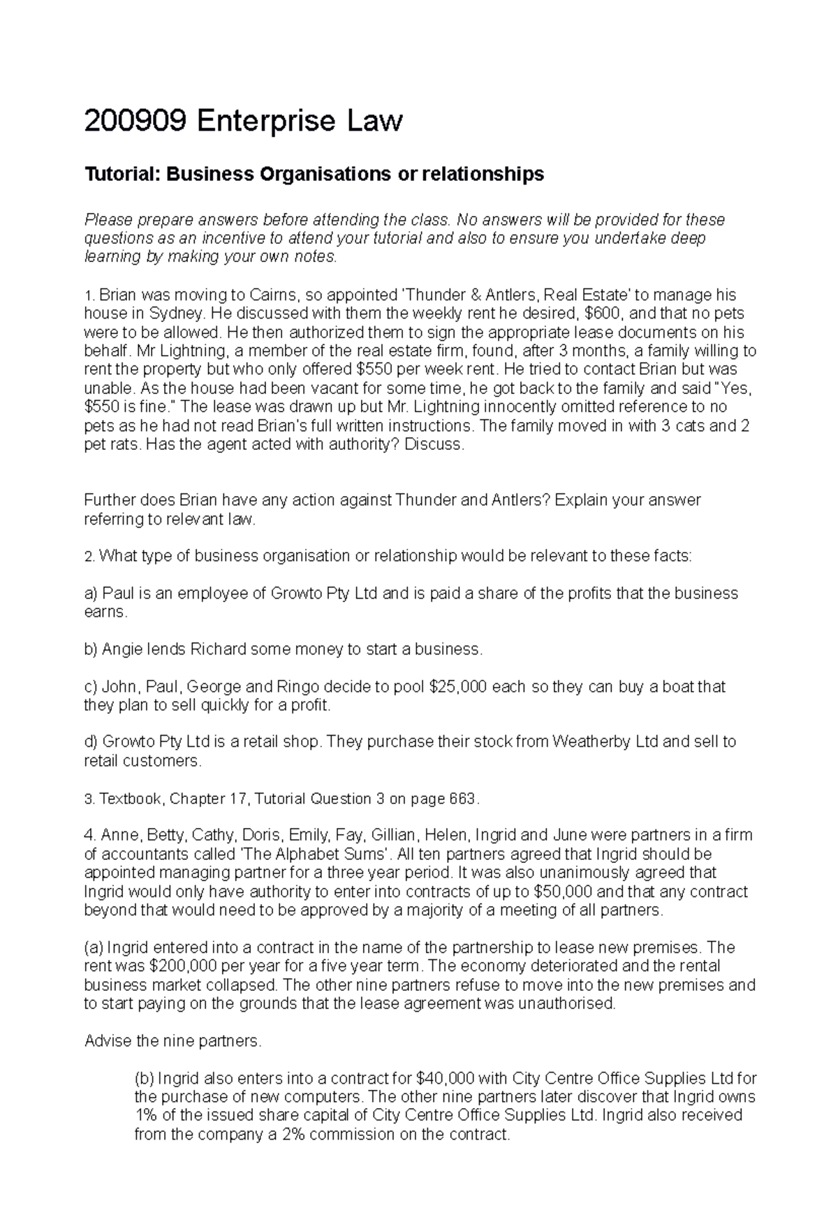 EL Tutorial Week 9 - outline - 200909 Enterprise Law Tutorial: Business ...