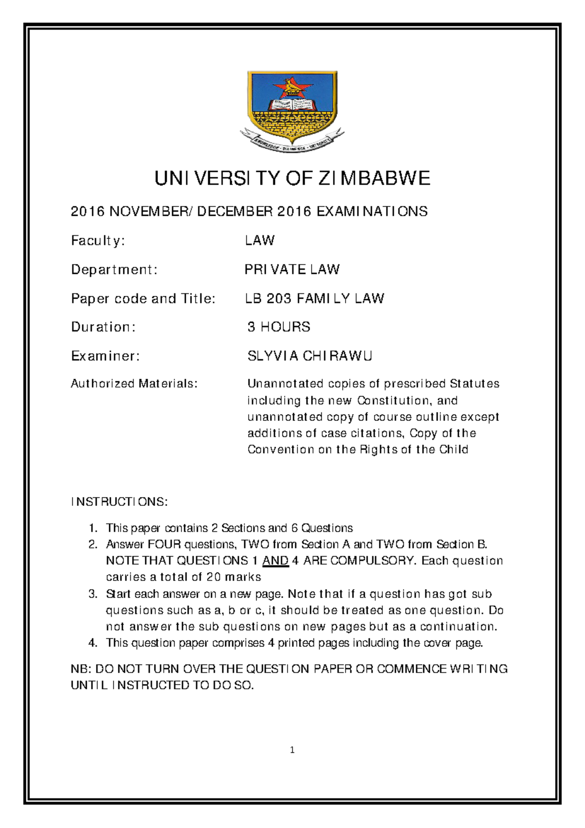 LB203 2016 11 - Question papers for tutorials - UNIVERSITY OF ZIMBABWE ...