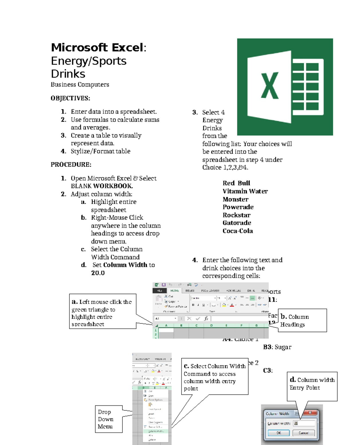 Microsoft Excel Guided Lesson 1Energy Sports Drinks-1 - Microsoft Excel ...