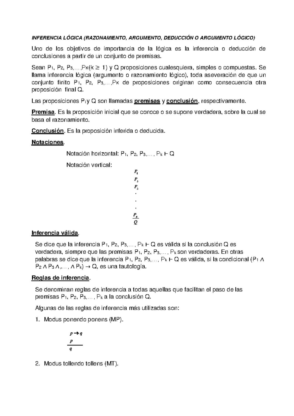 Estructura Discreta Segunda Parte - INFERENCIA LÓGICA (RAZONAMIENTO, ARGUMENTO, DEDUCCIÓN O ...