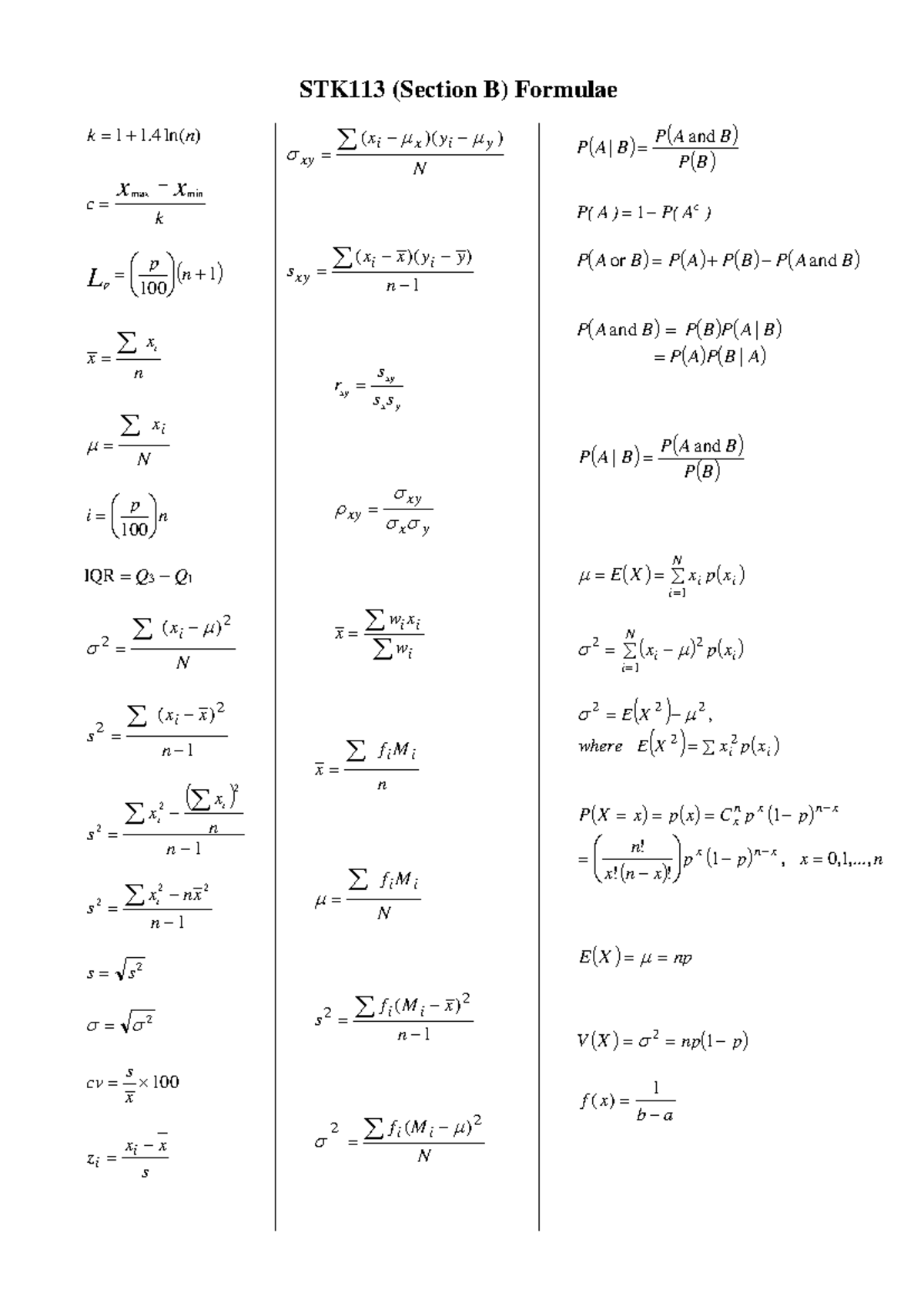 STK113 Section B formulae 2022 - STK113 (Section B) Formulae k 1 1. 4 ...