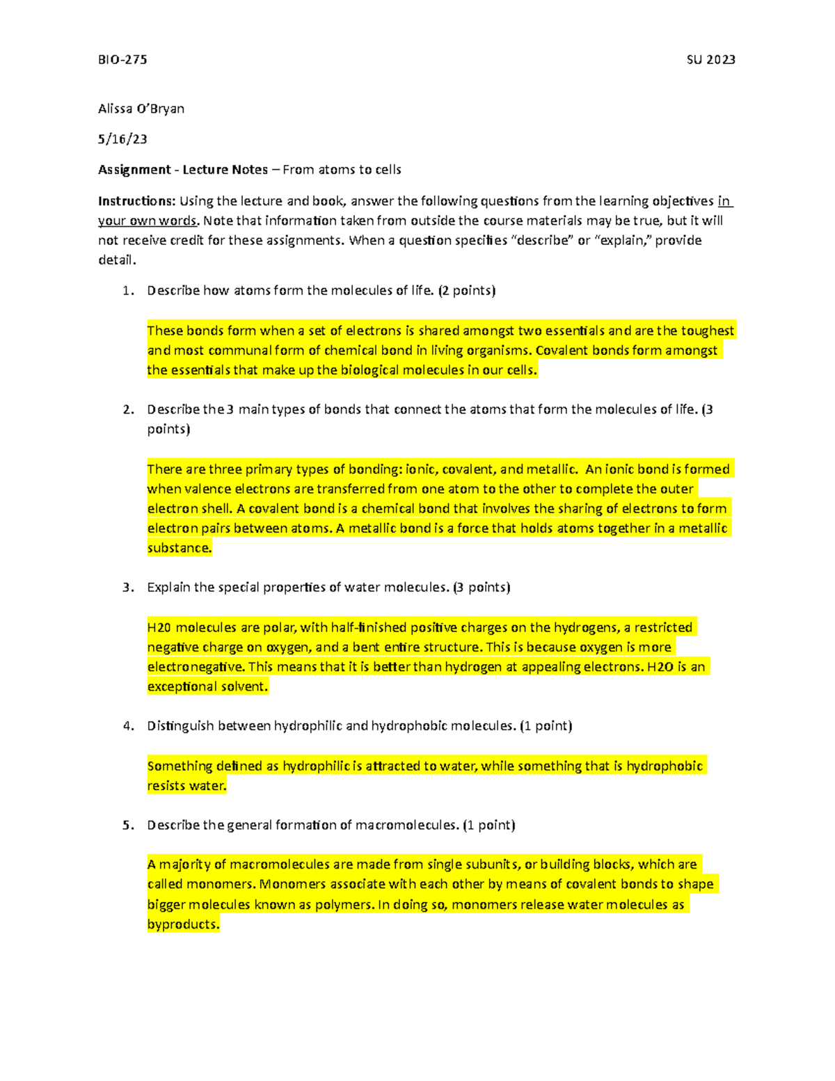 Assignment - Lecture Notes - From atoms to cells - BIO-275 SU 2023 ...