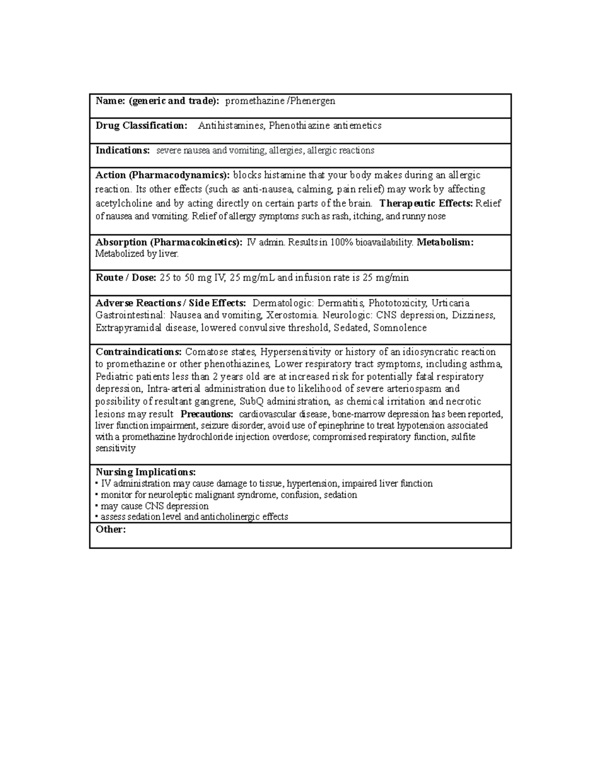 Med Card Phenergan - Name: (generic and trade): promethazine /Phenergen ...