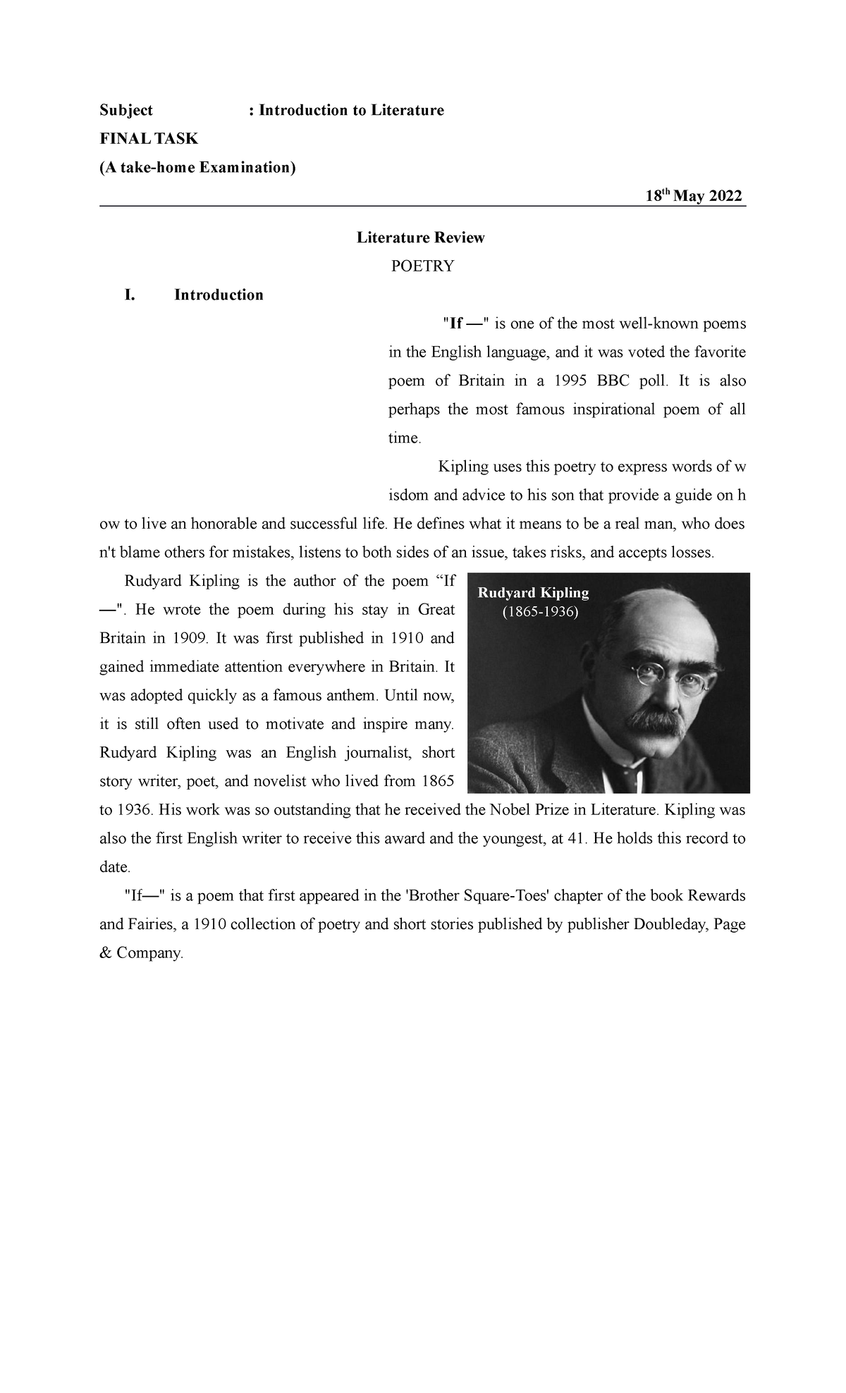 Literature Review Text - 'If' Rudyard Kipling Poetry - Subject ...