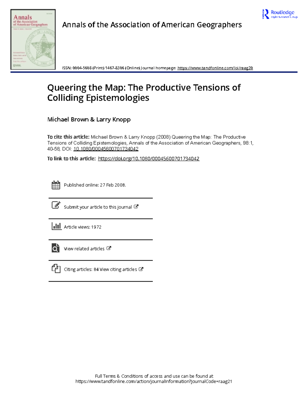Queering the map - yes - Full Terms & Conditions of access and use can ...