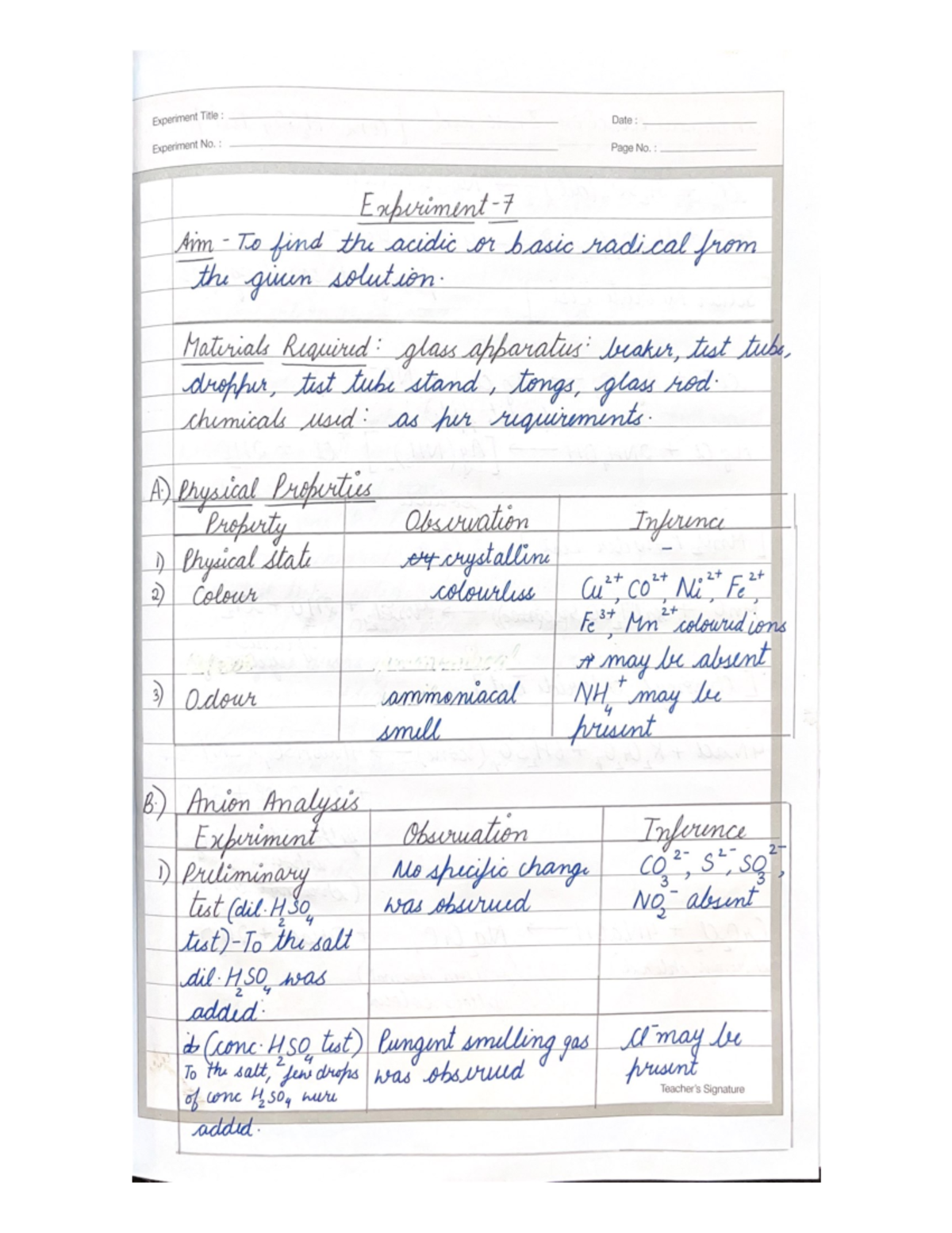 Salt Analysis File - NOTHING - Experiment Title : Date: Experiment No.: Page No. : Aim To find ...