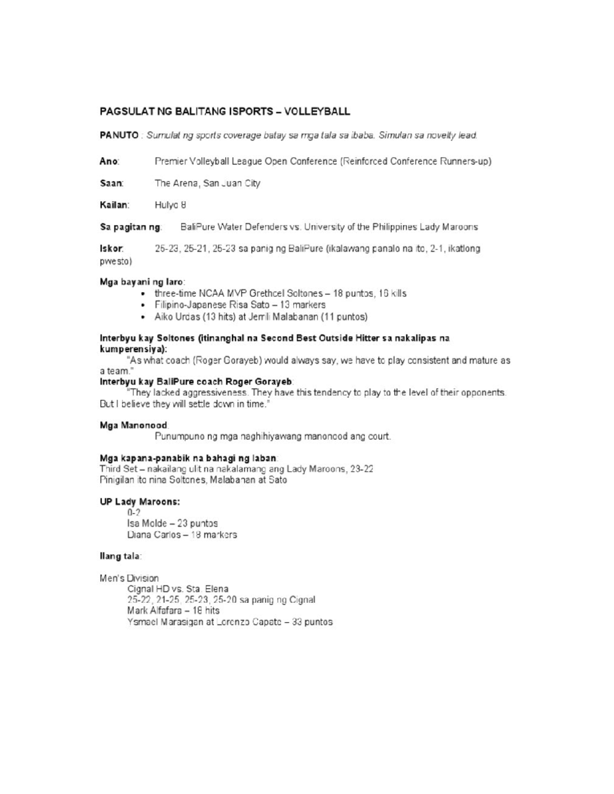 Sports 1 - PAGSULAT NG BALITANG ISPORTS - VOLLEYBALL PANUTO : Sumulat ...