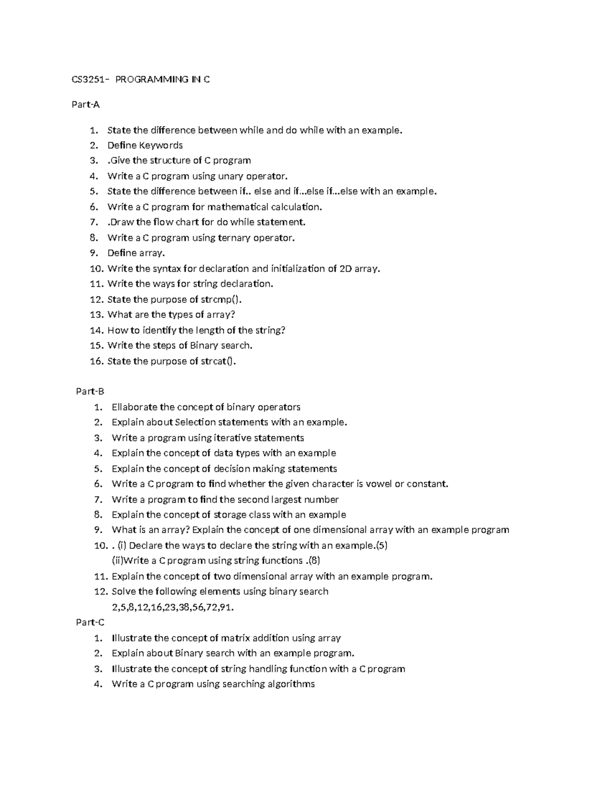 Cs3251 Pc Important Questions Cs3251 Programming In C Part A 1 State The Difference Between