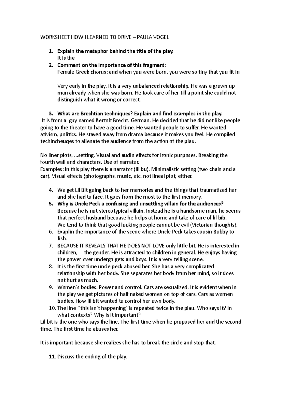 Worksheet 8 HOW I Learned TO Drive - WORKSHEET HOW I LEARNED TO DRIVE ...